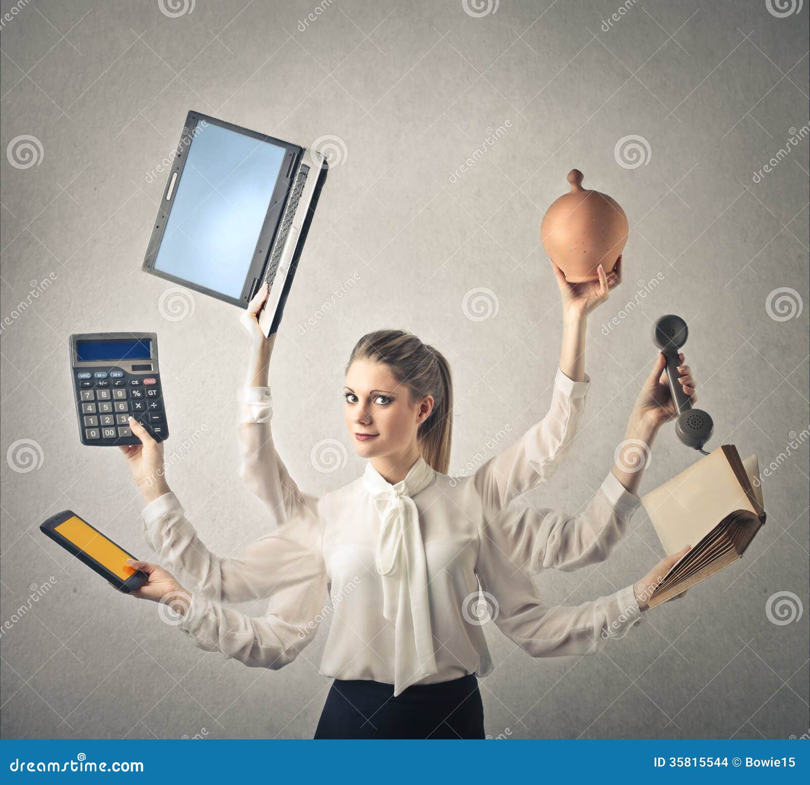Business Woman with Lots of Hands Stock Photo - Image of portrait, time ...
