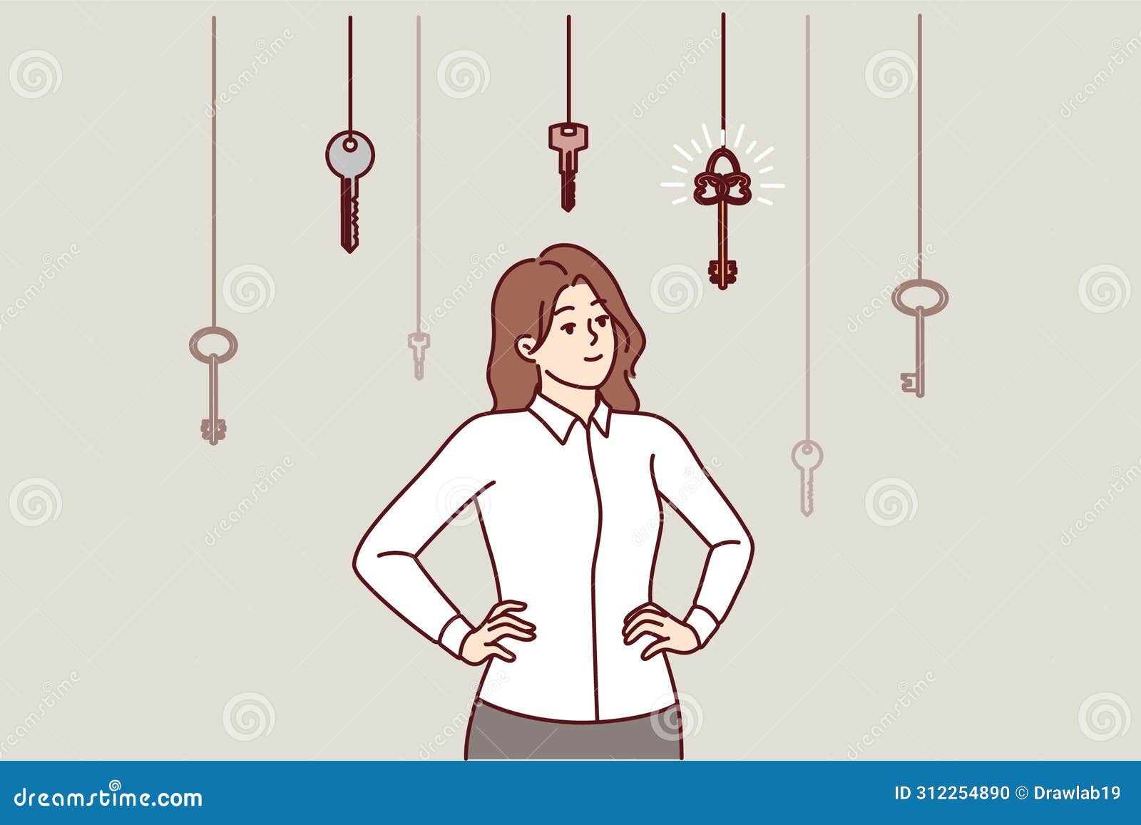 Business Woman Makes Choice from Dangling Keys Symbolizing Different ...