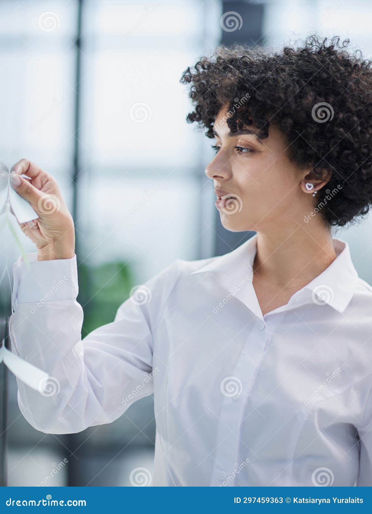 Woman Working on Project Plan Using Sticky Papers Notes on Glass Stock ...