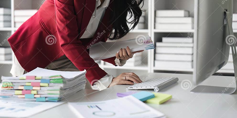 Business Woman Offices Working for Arranging Documents Unfinished Stack of Document Papers and ...