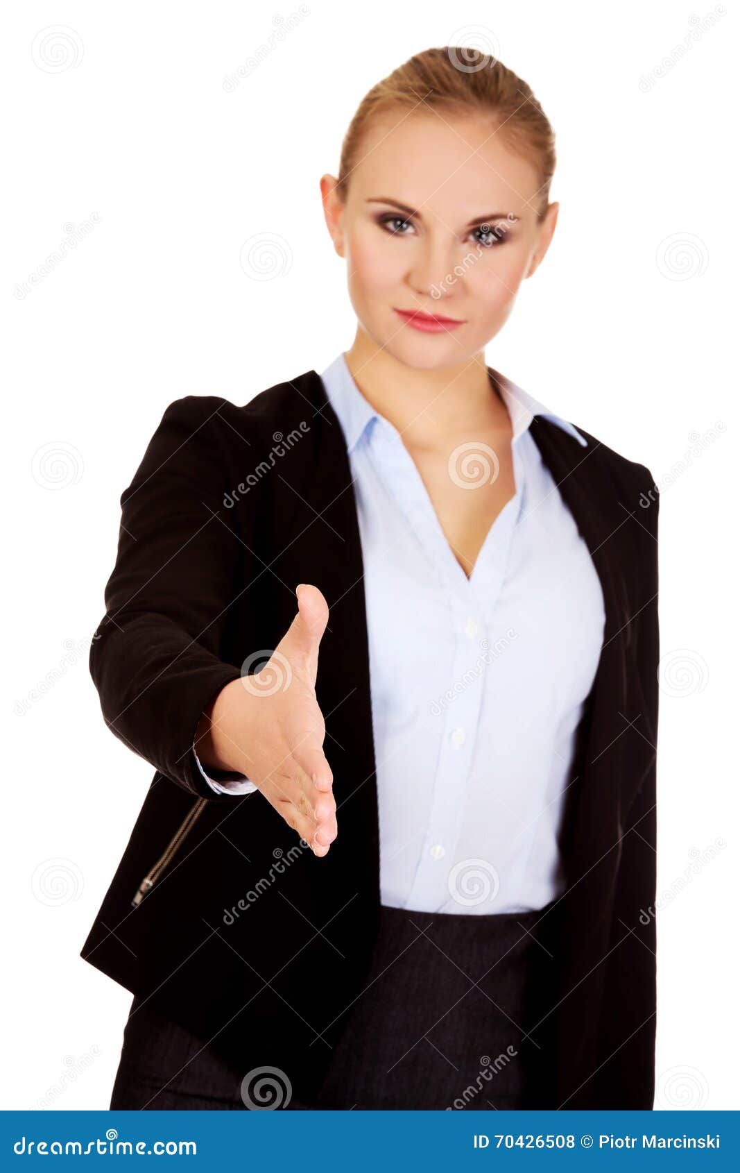 Business Woman with an Open Hand Ready for Handshake Stock Photo ...