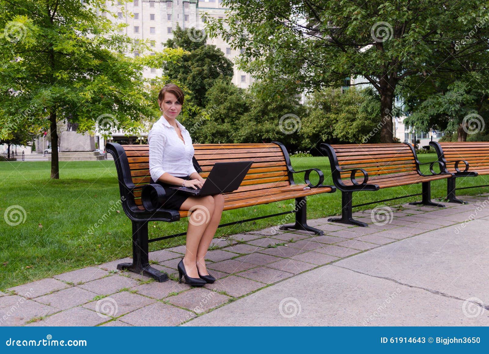 Business Woman on Park Bench Working with Laptop Computer Stock Image ...