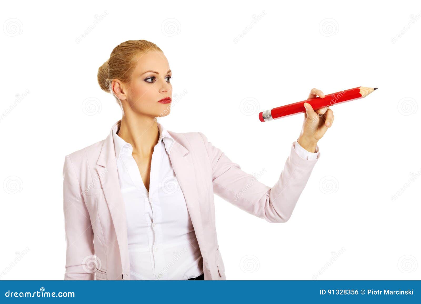 Business Woman Pointing for Copyspace or Something with Huge Pen Stock ...