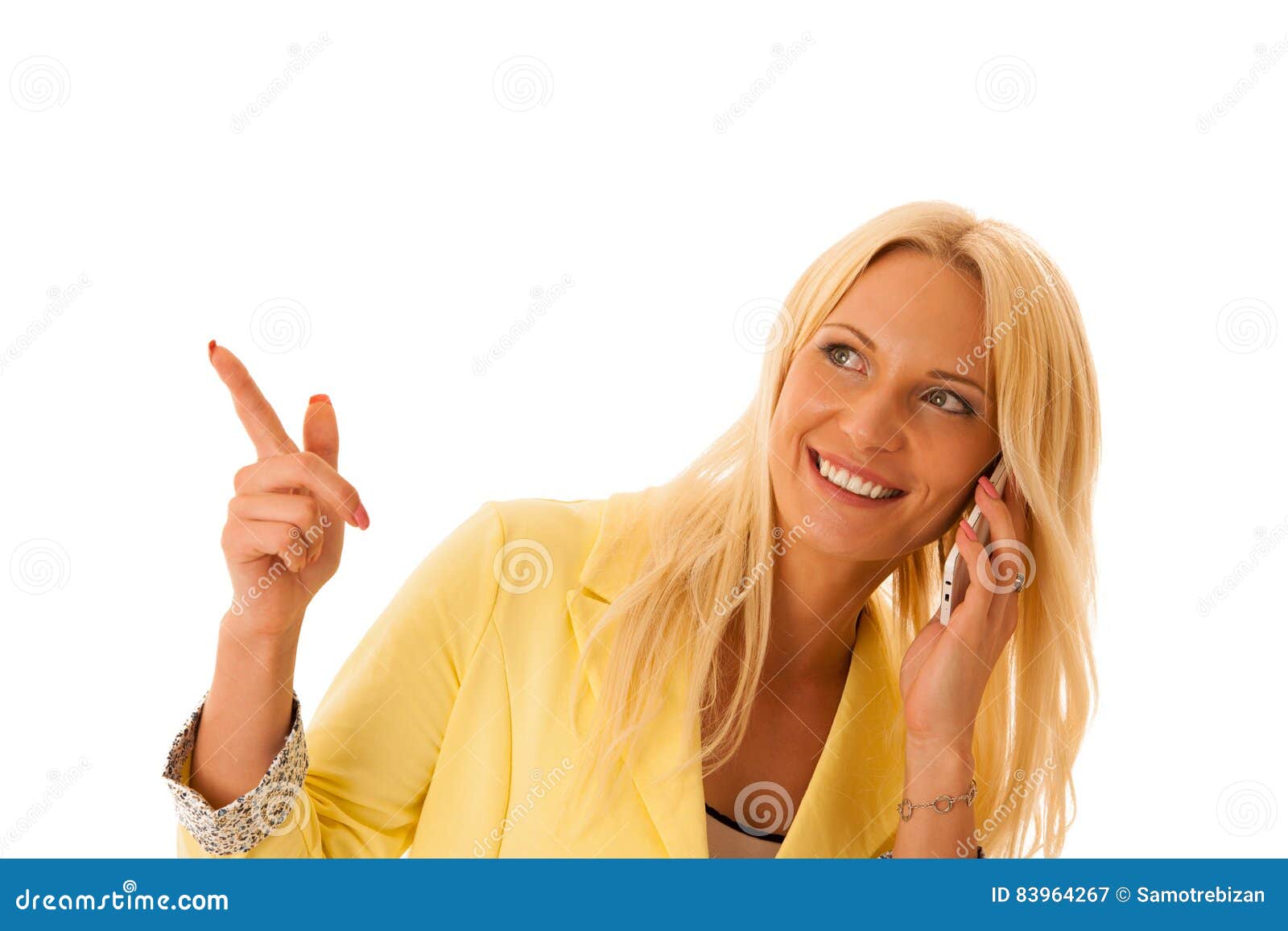 Business Woman Points Into Copy Space Isolated Over White Background
