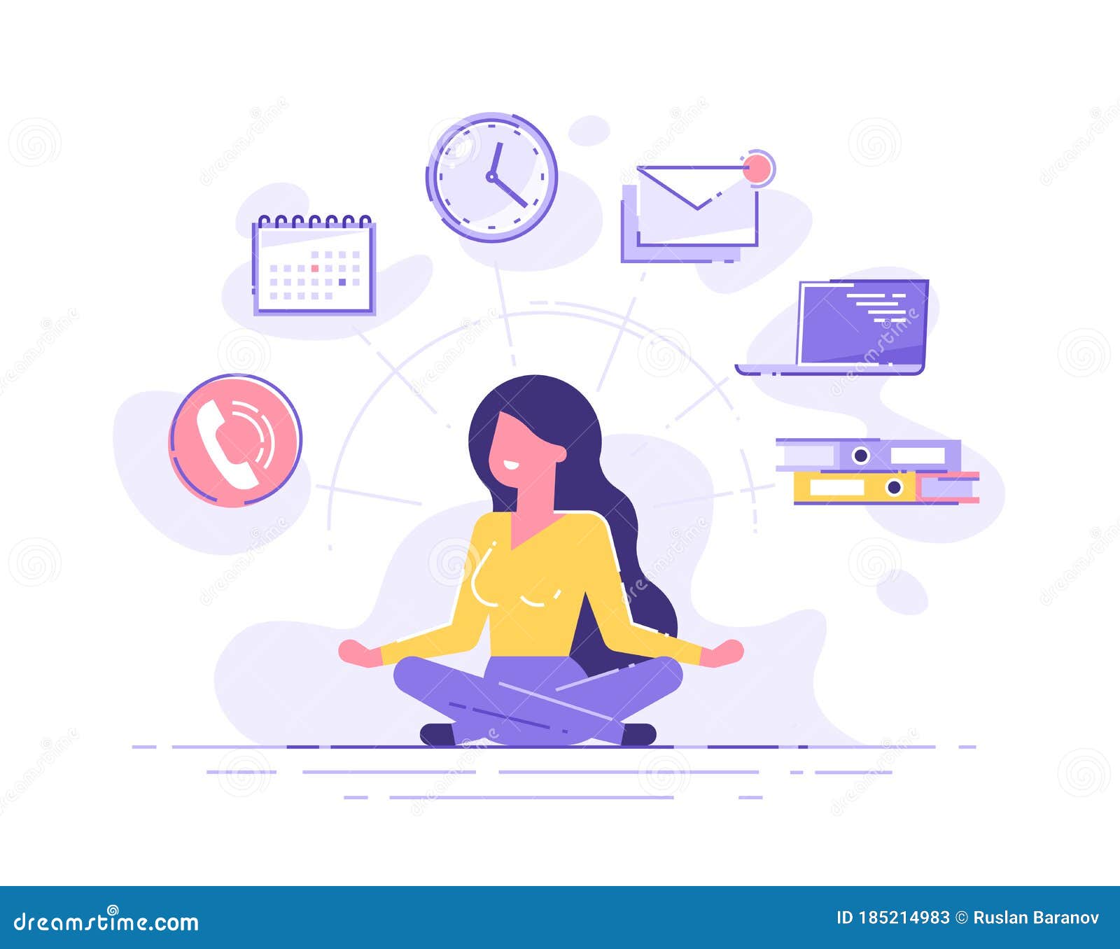 Business Woman Practicing Mindfulness Meditation with Office Icons on ... Business Woman Practicing Mindfulness Meditation with Office Icons on ...