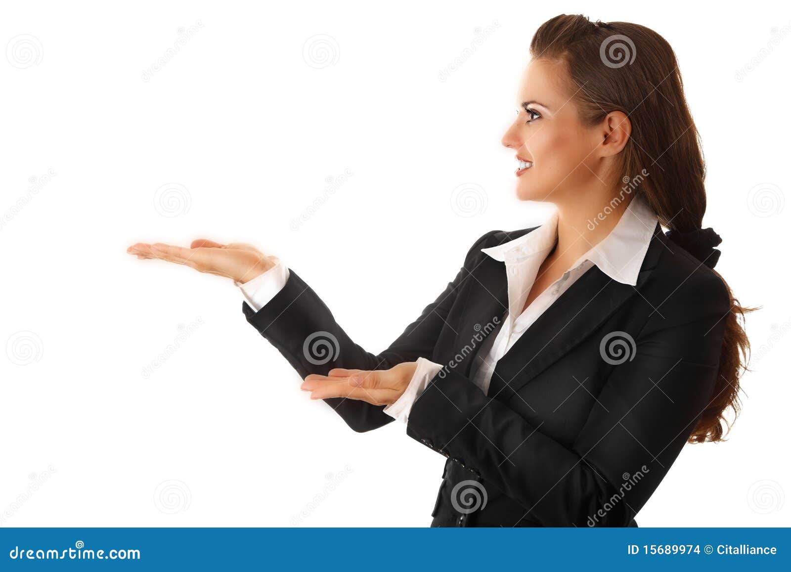 Business Woman Presenting Something on Empty Hands Stock Photo - Image ...