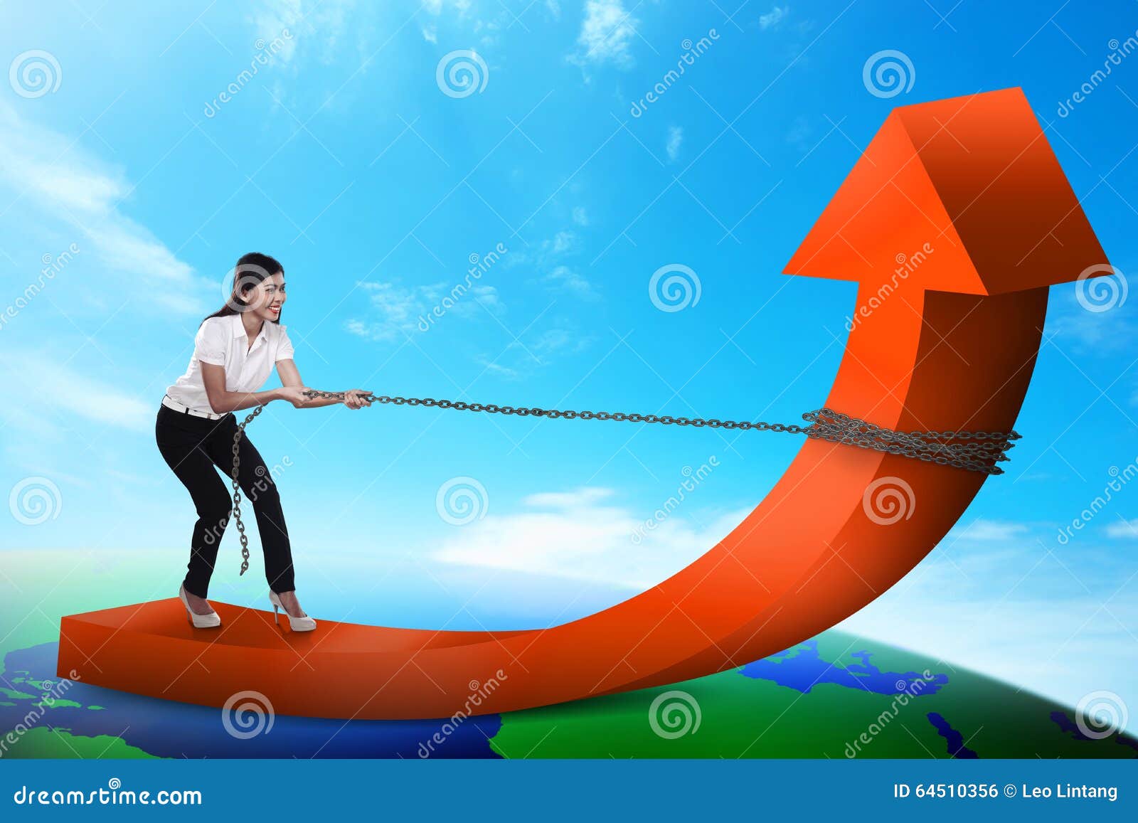 Business Woman Pulling Arrow with Chain Stock Photo - Image of future ...