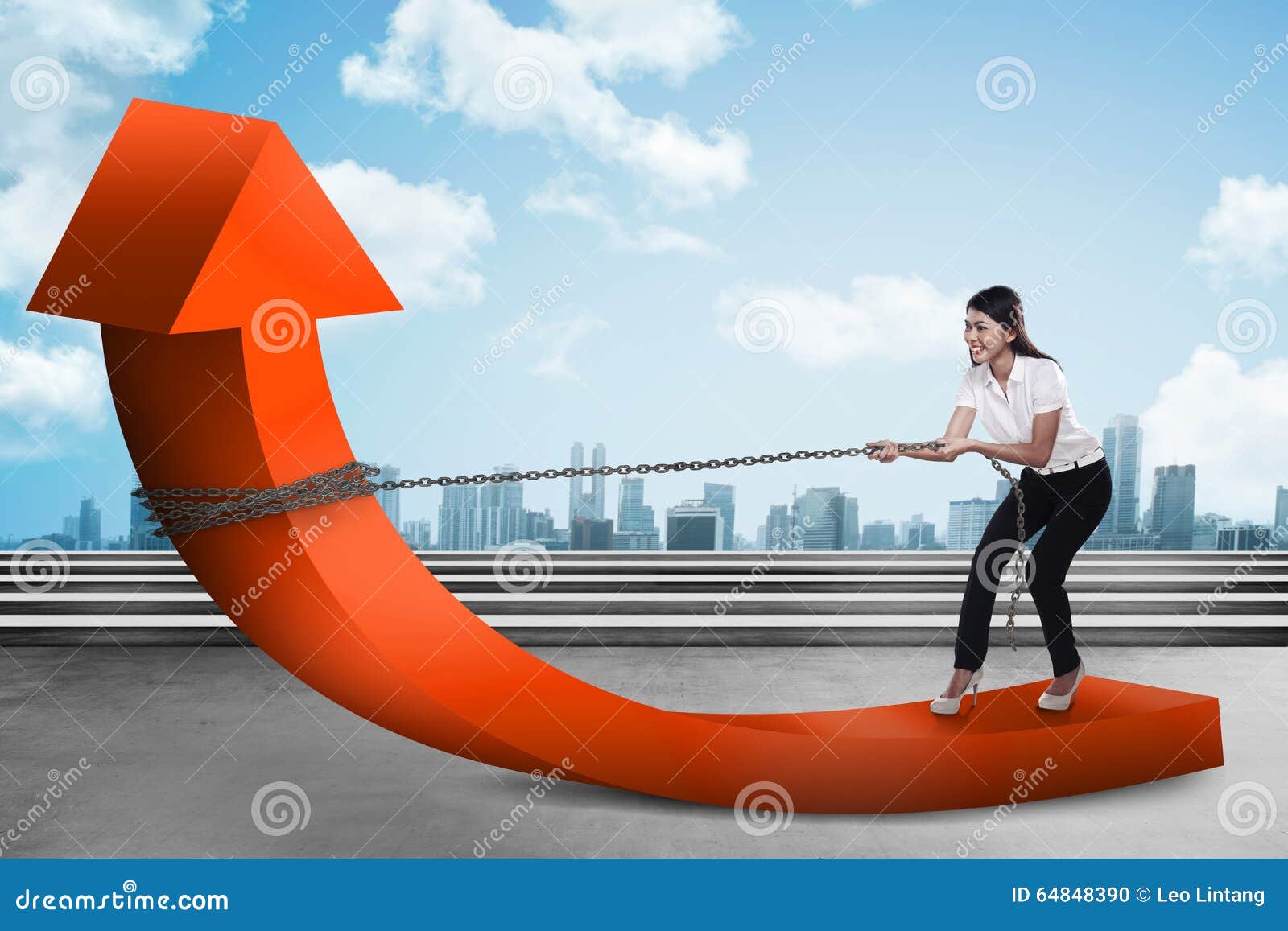 Business Woman Pulling Arrow with Chain Stock Photo - Image of arrow ...