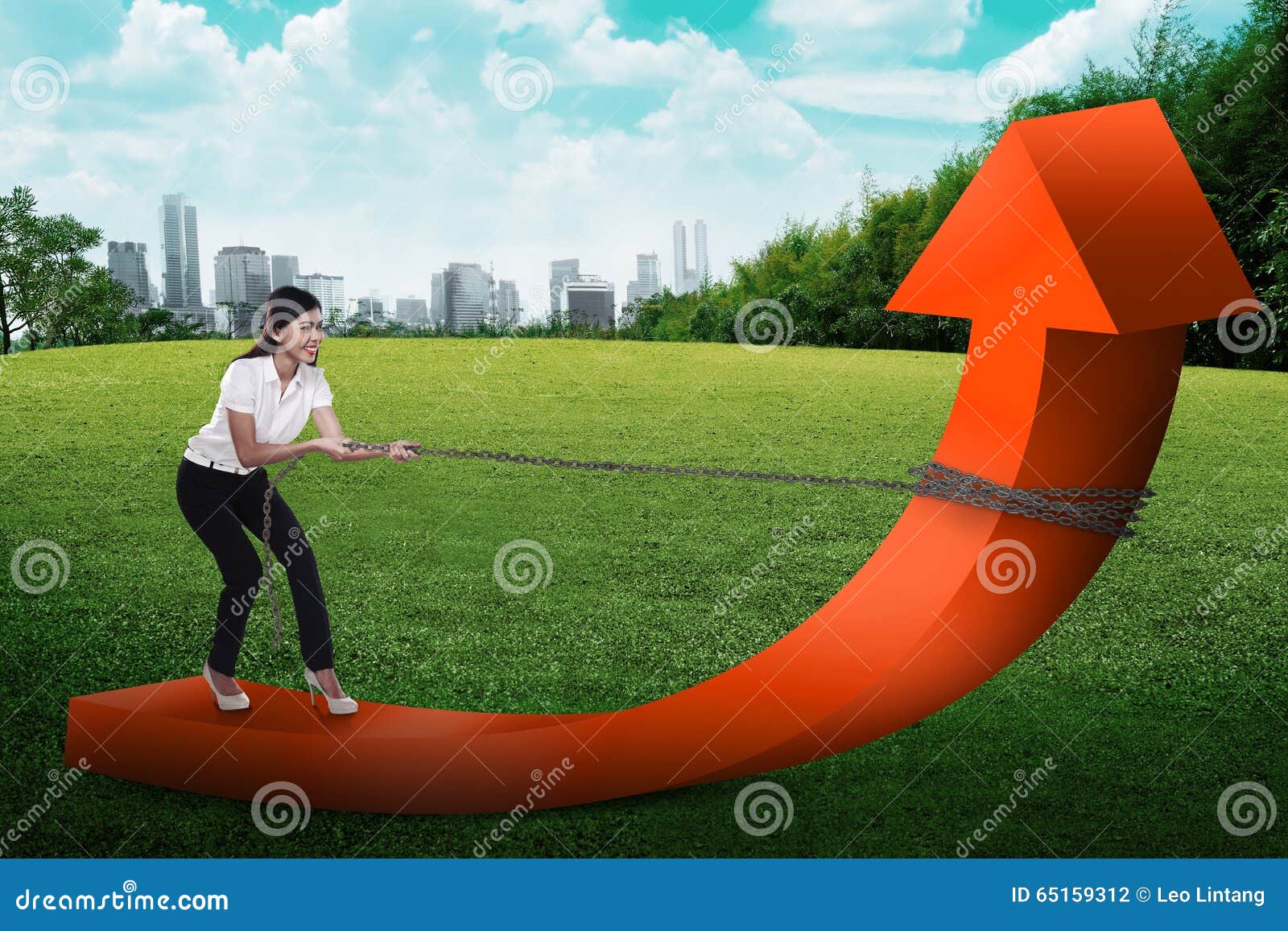 Business Woman Pulling Arrow with Chain Stock Photo - Image of future ...