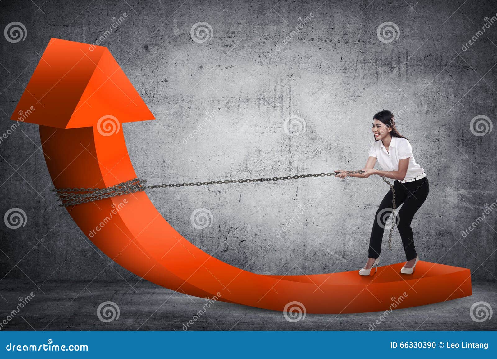 Business Woman Pulling Arrow with Chain Stock Photo - Image of effort ...