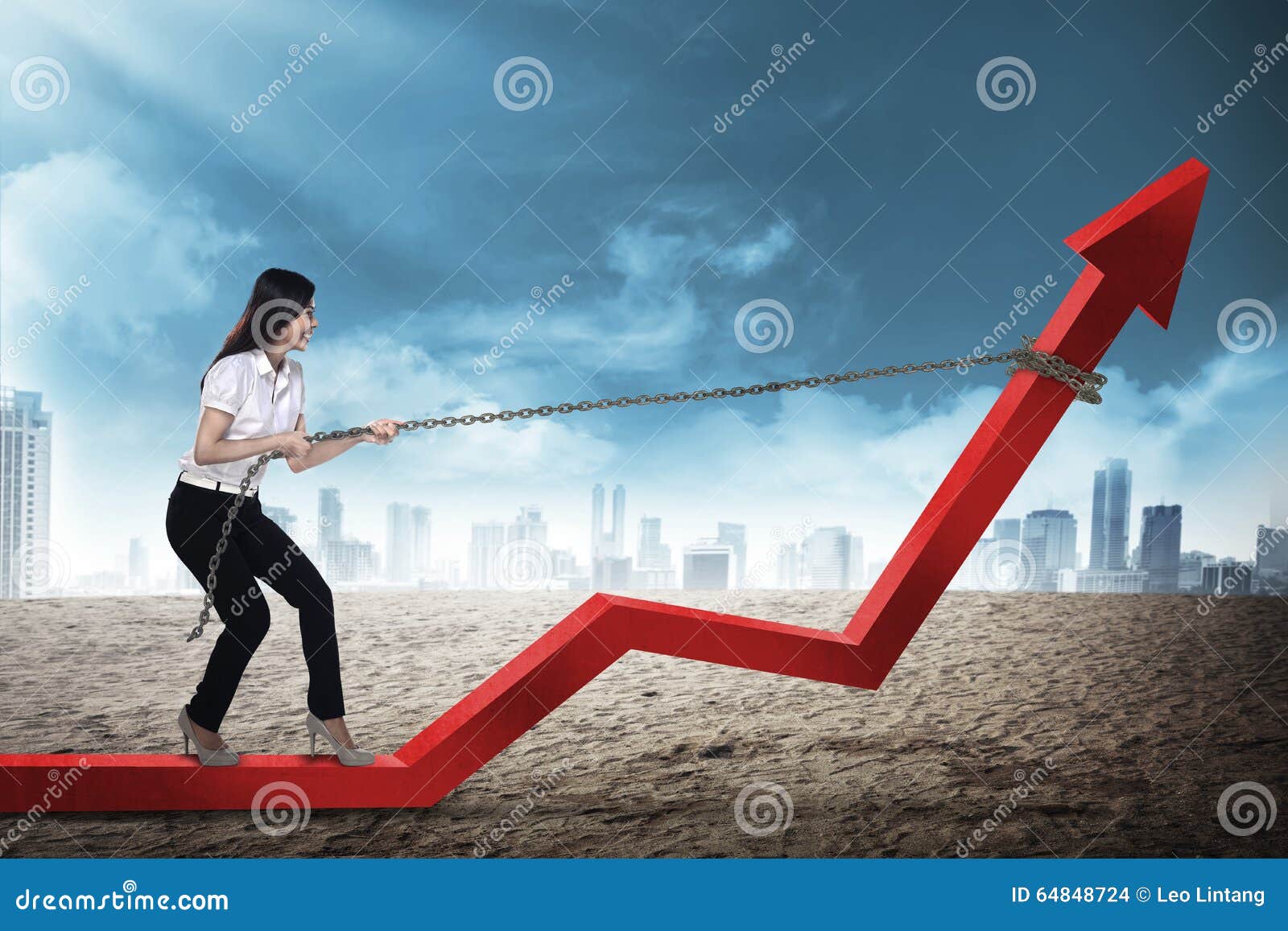 Business Woman Pulling Arrow with Chain Stock Photo - Image of income ...