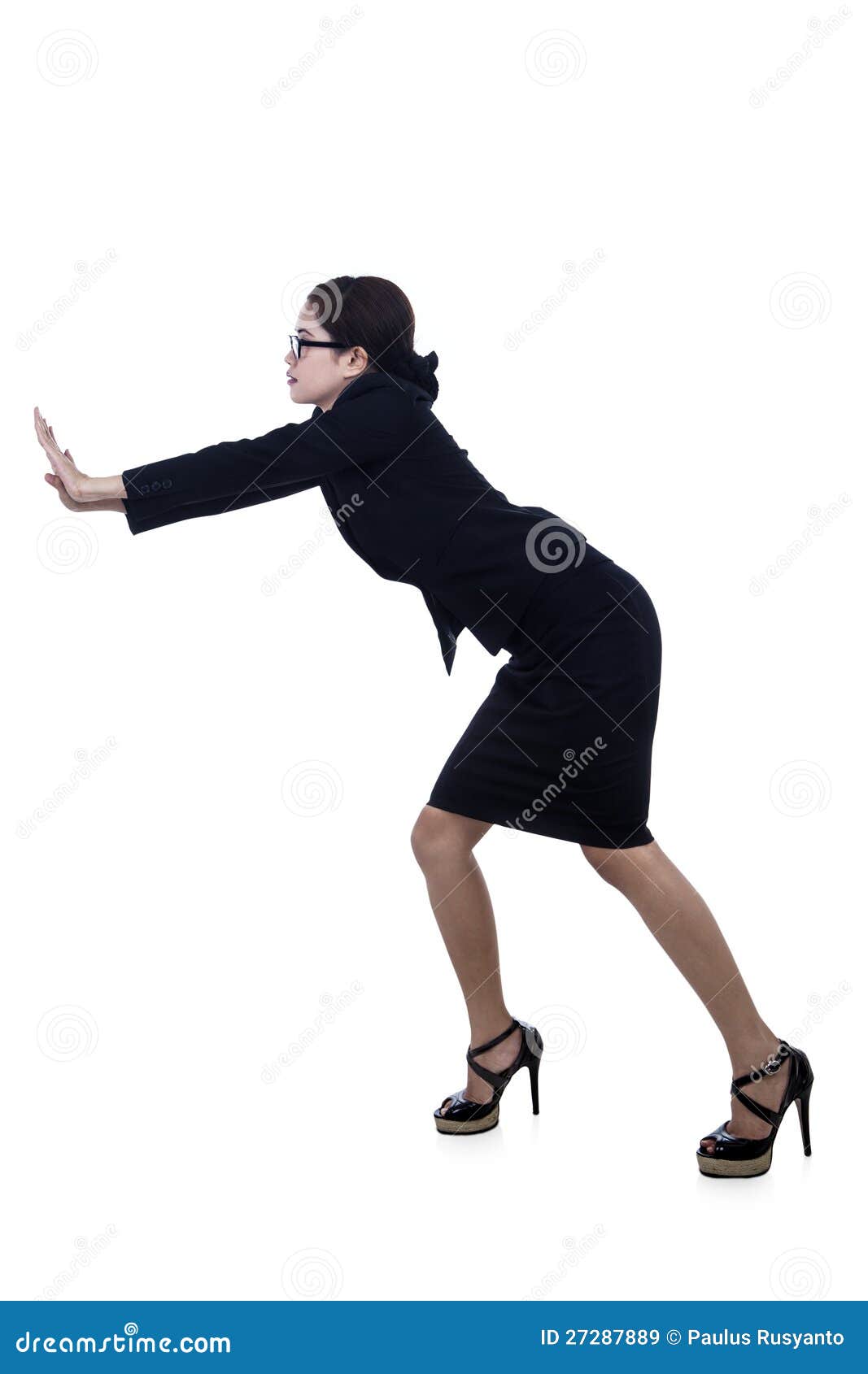 Business Woman Pushing Something Isolated in White Stock Image - Image ...