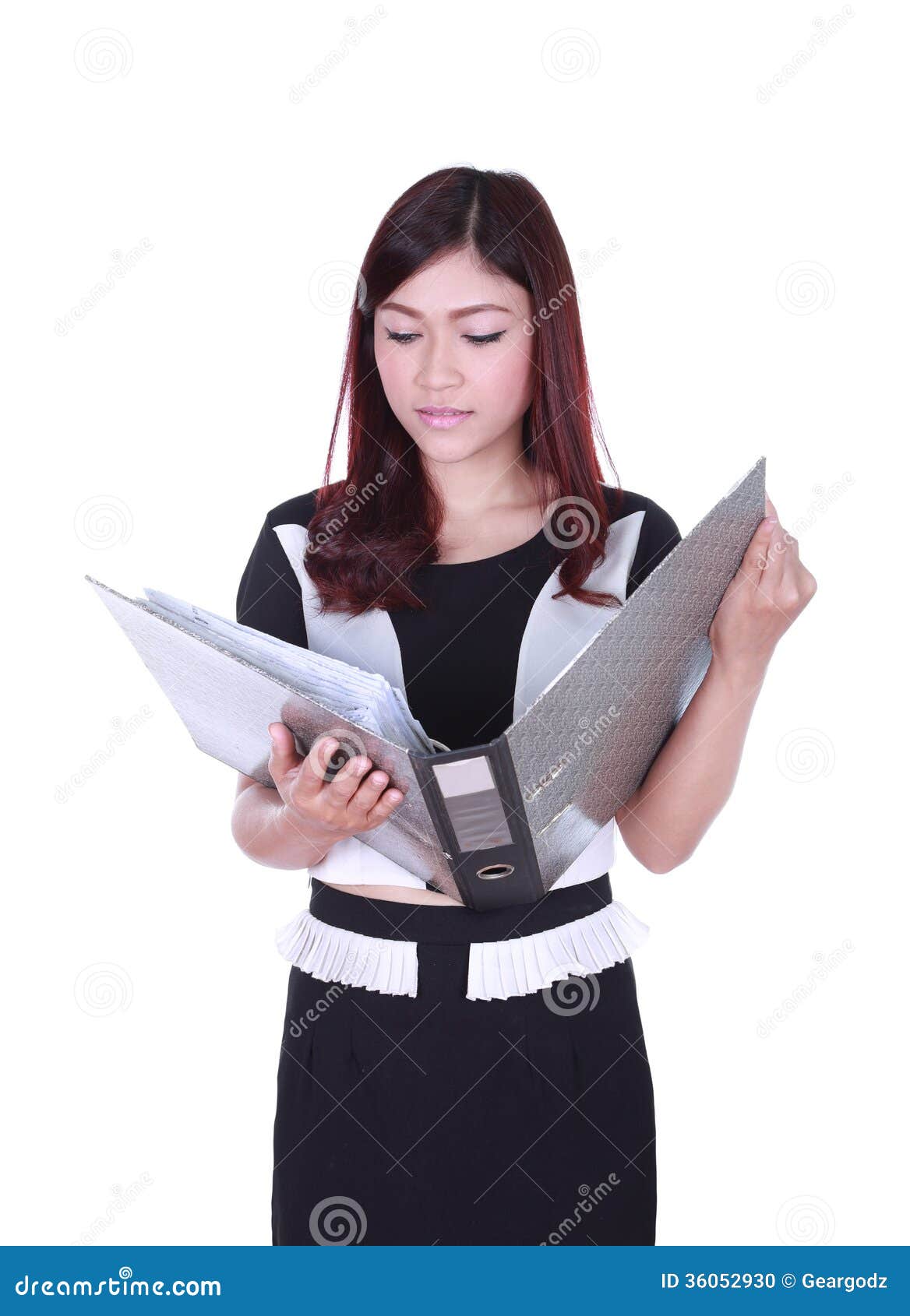 Business Woman Reading Document File Isolated on White Stock Photo ...