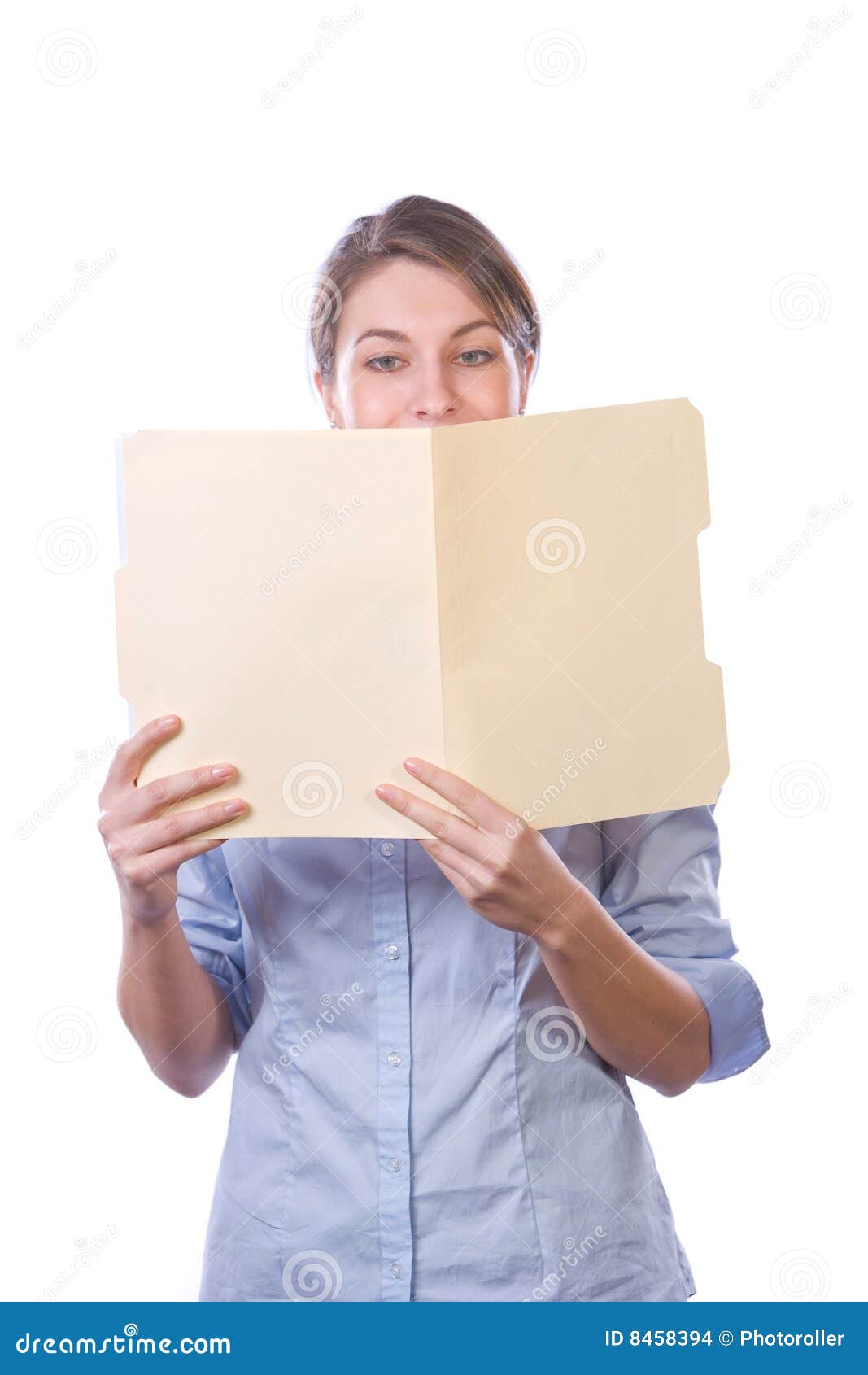 Business Woman Reading Documents Isolated on White Stock Photo - Image ...