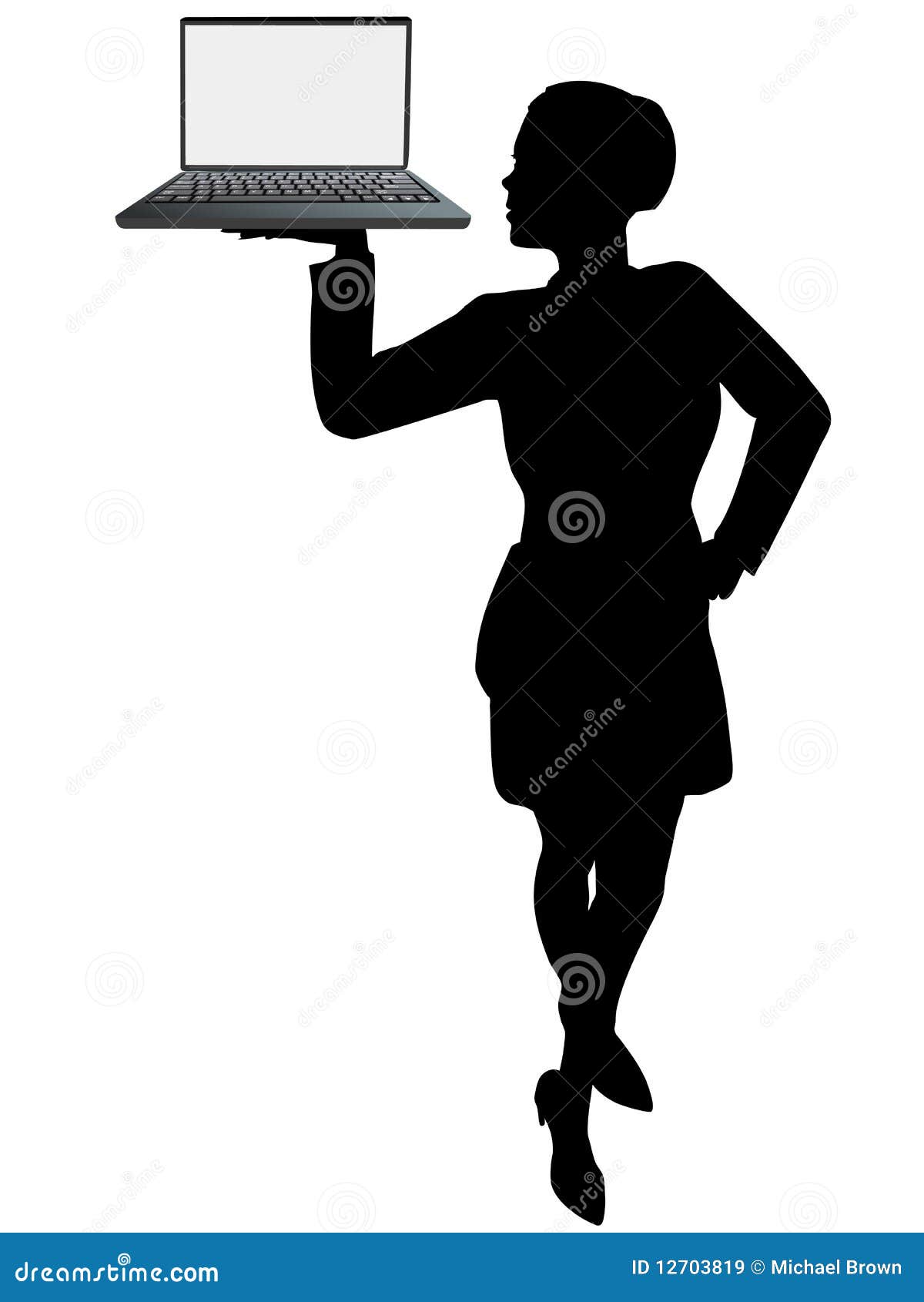 Business Woman Server Holds Up Laptop Computer Stock Vector ...