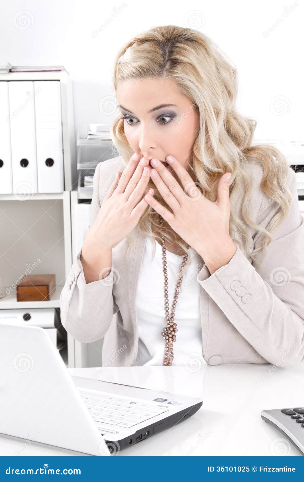 Business Woman Shocked - Crashed Laptop at Workplace Stock Image ...