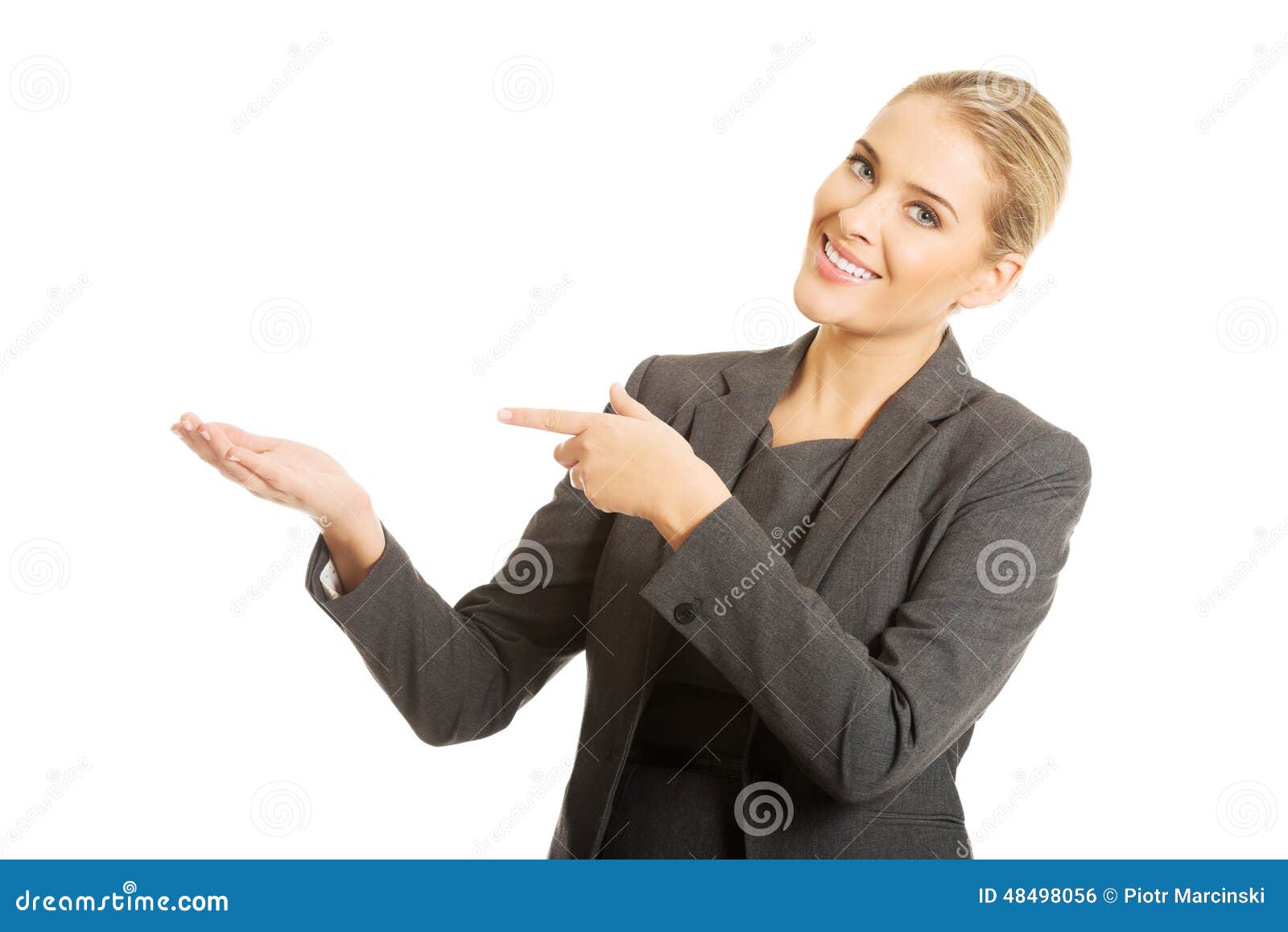 Business Woman Showing Copy Space on the Left Stock Photo - Image of ...