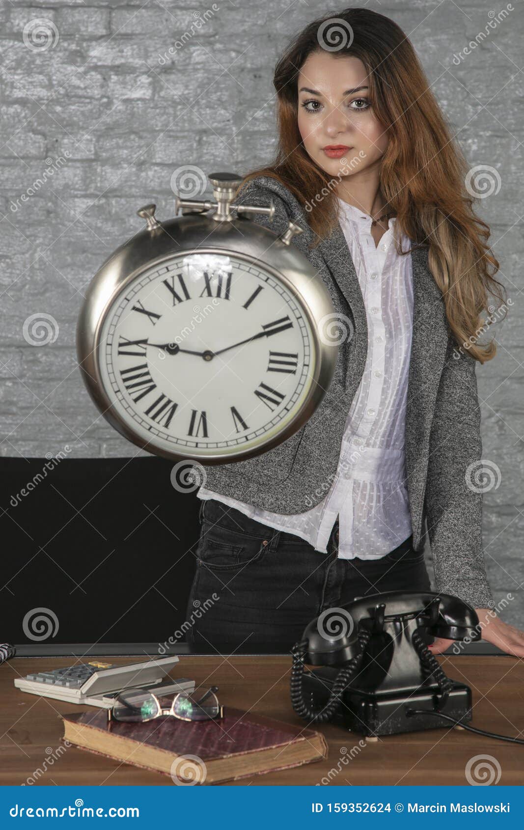 Business Woman Shows a Big Clock Stock Photo - Image of manager ...