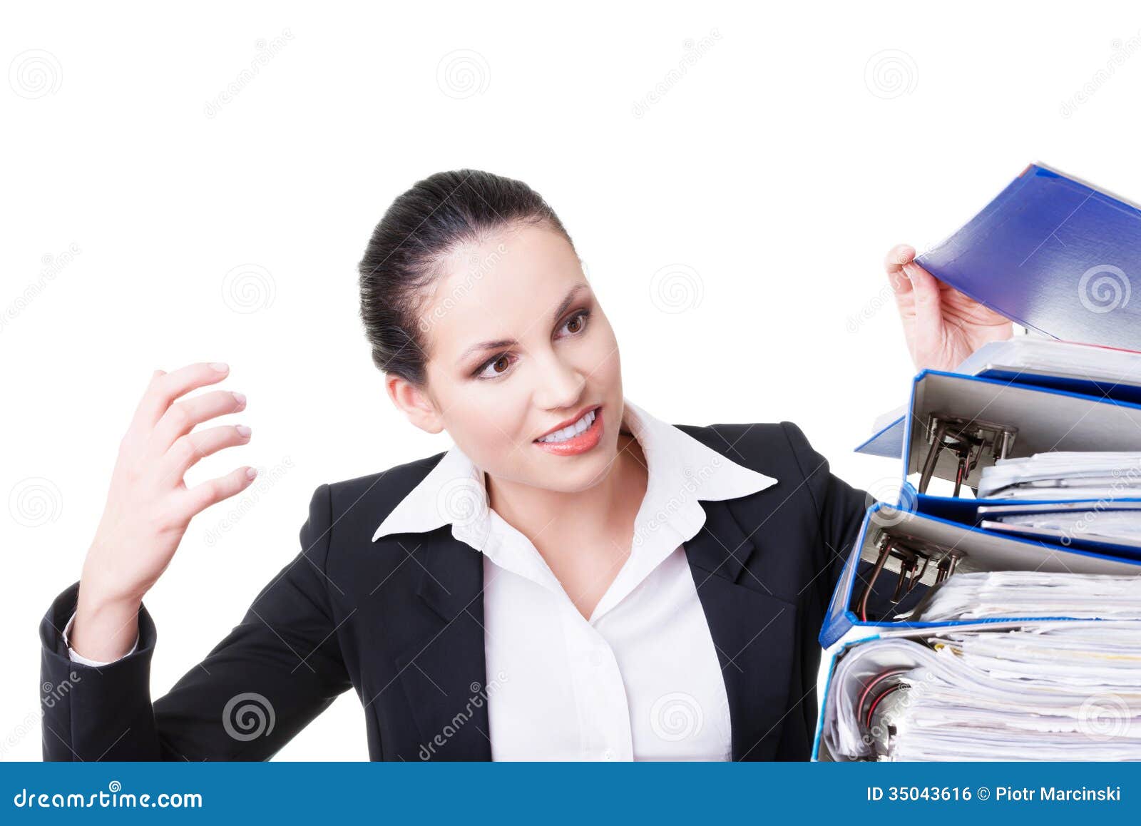 Business Woman with Stack of Binders. Stock Photo - Image of delighted ...