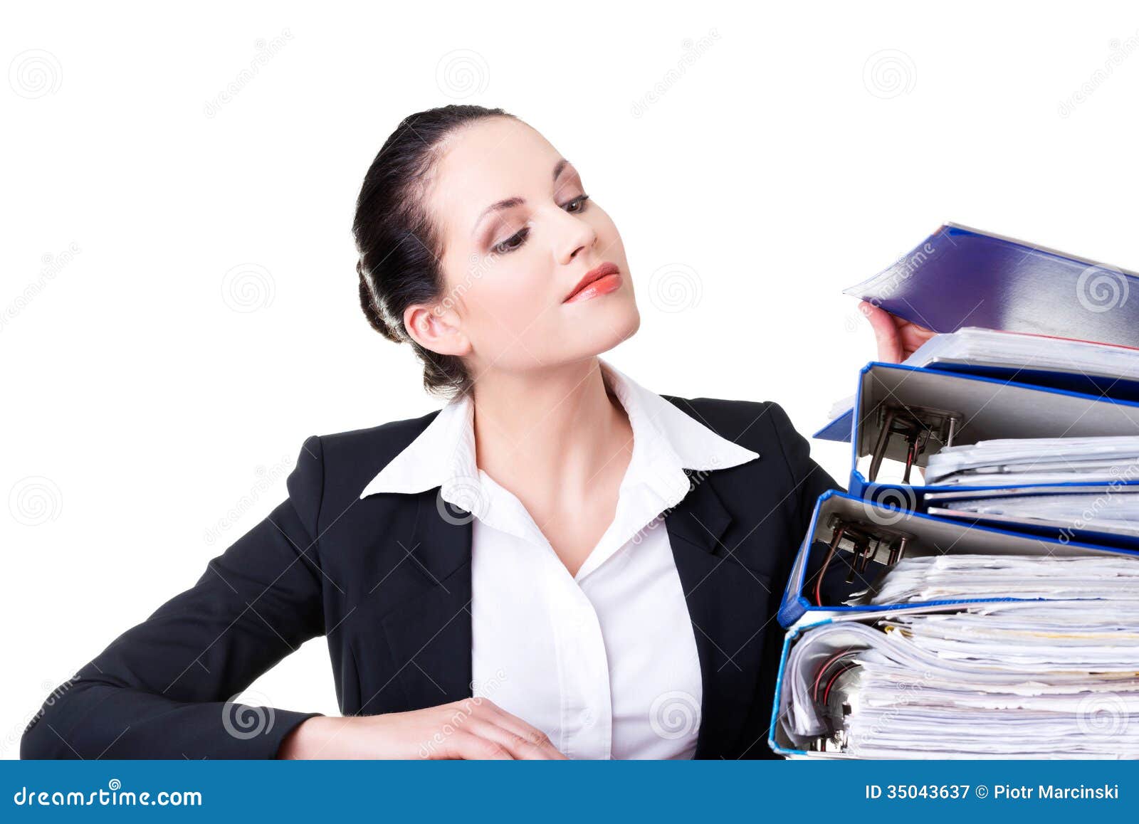 Business Woman with Stack of Binders. Stock Image - Image of delighted ...