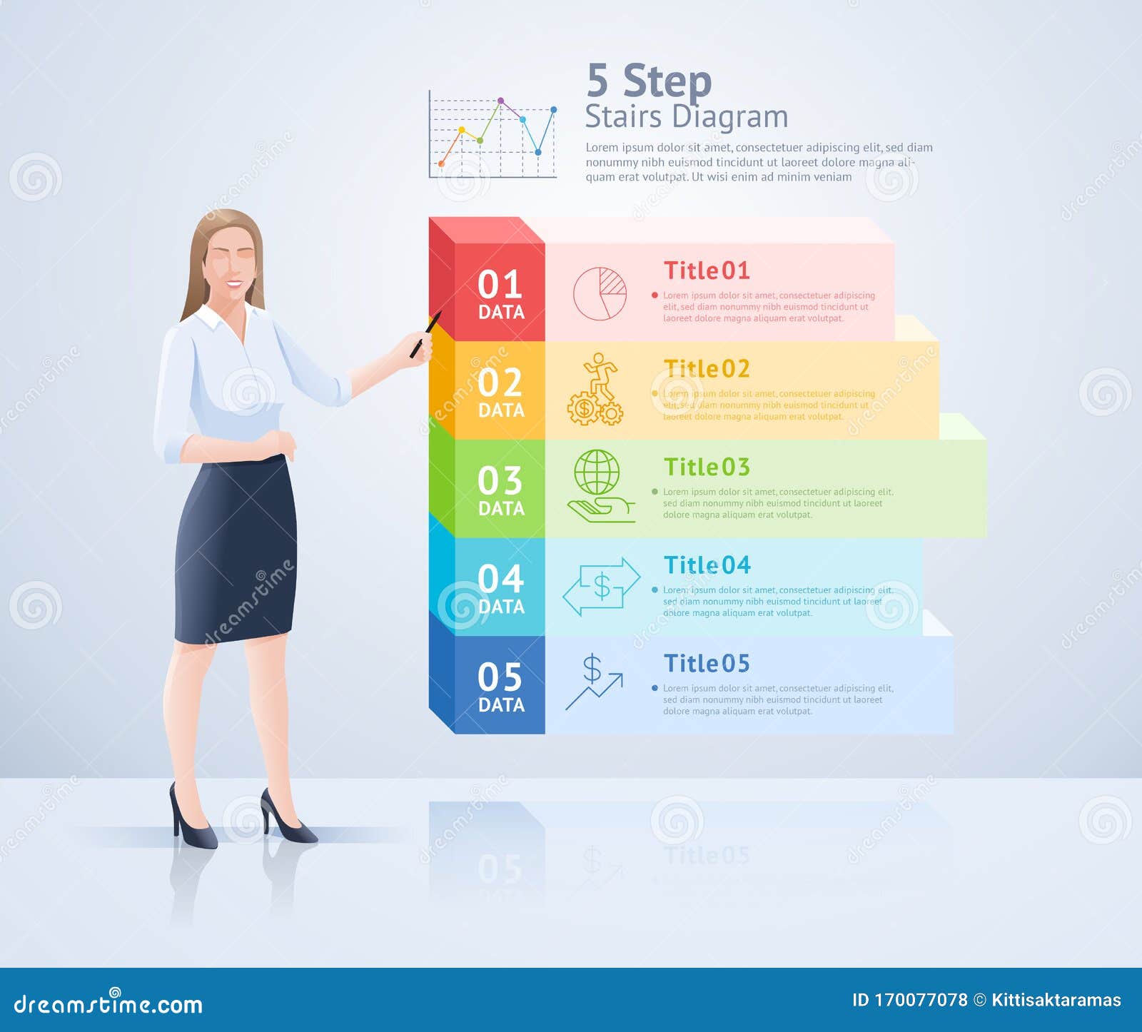 Business Woman Standing Presentation with Infographics Vector ...