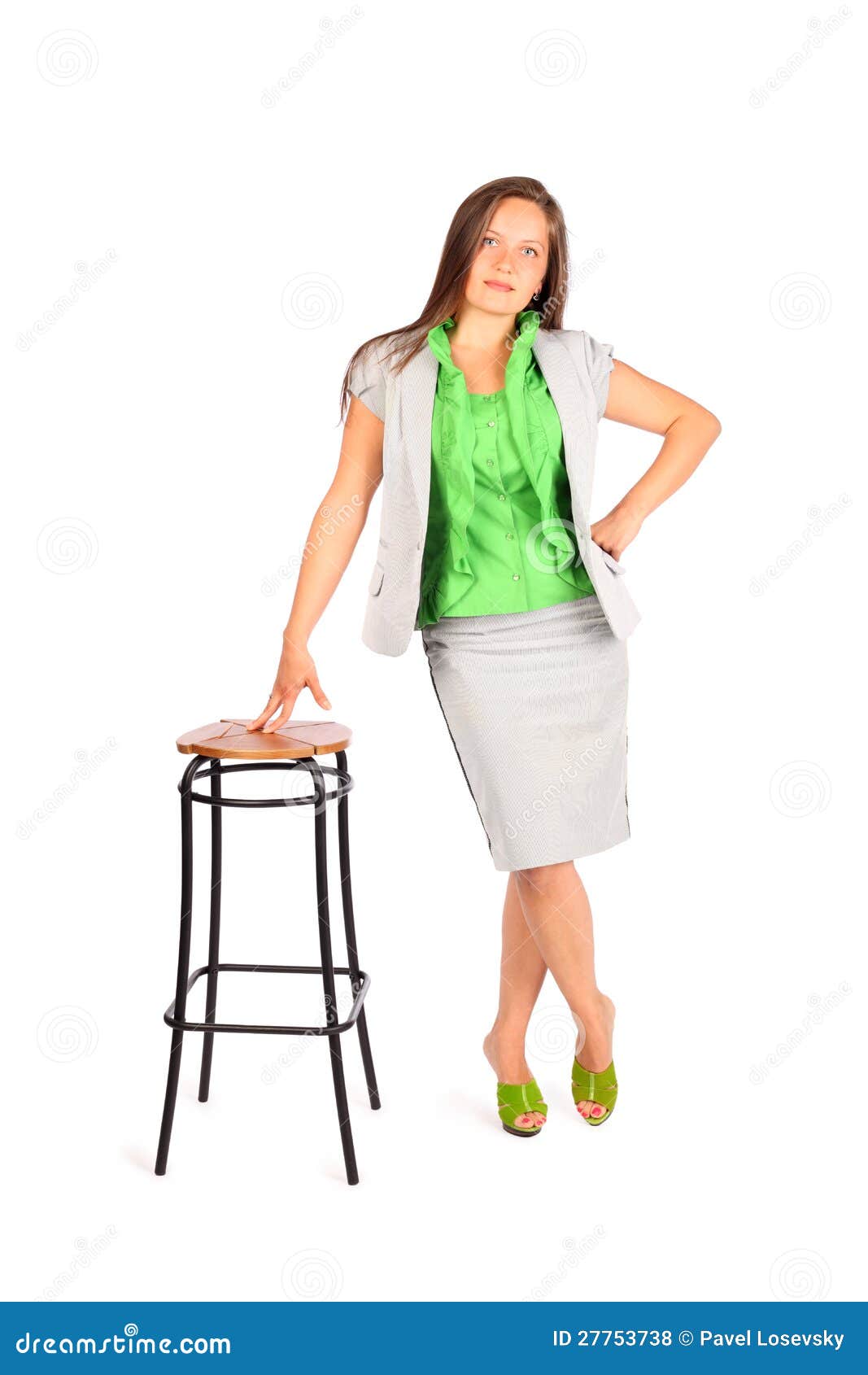 Business Woman Stands Leaning on Tall Stool Stock Photo - Image of ...