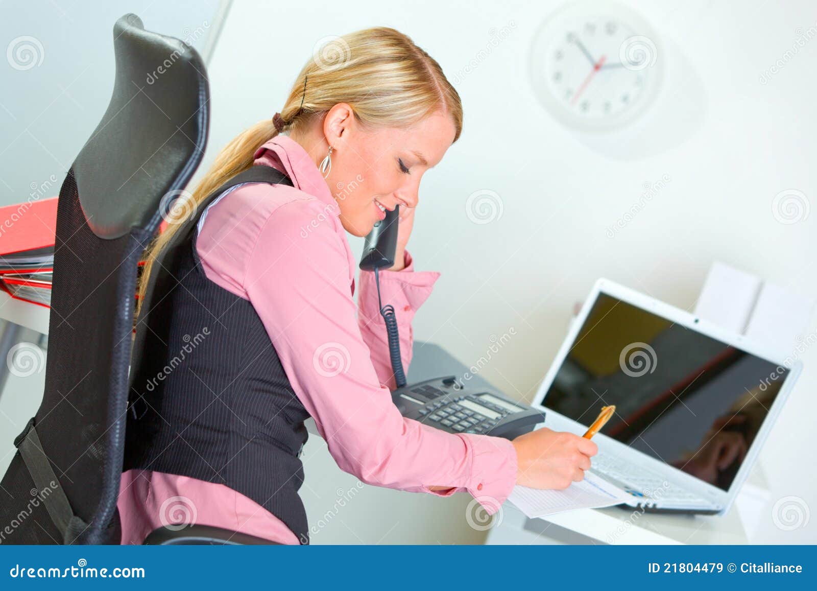Business Woman Talking Phone and Writing in Pad Stock Image - Image of ...