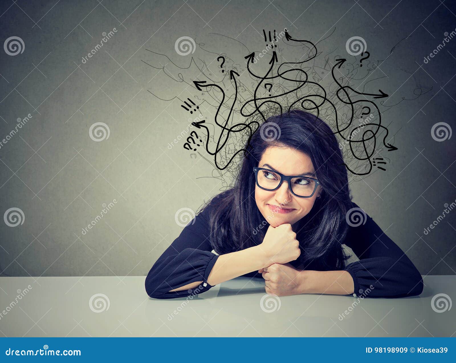 Business Woman Thinking Contemplating a Solution Sitting at Table Stock ...