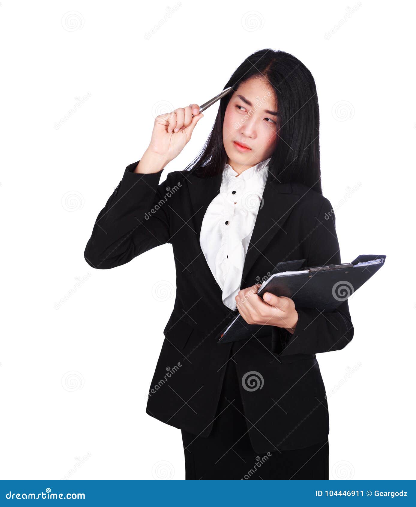 Business Woman Thinking and Holding a Clipboard Isolated on a White ... Business Woman Thinking and Holding a Clipboard Isolated on a White ...