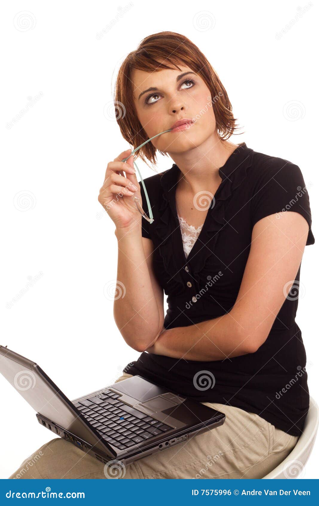 Business Woman Thinking while Working on Laptop Stock Photo - Image of ...