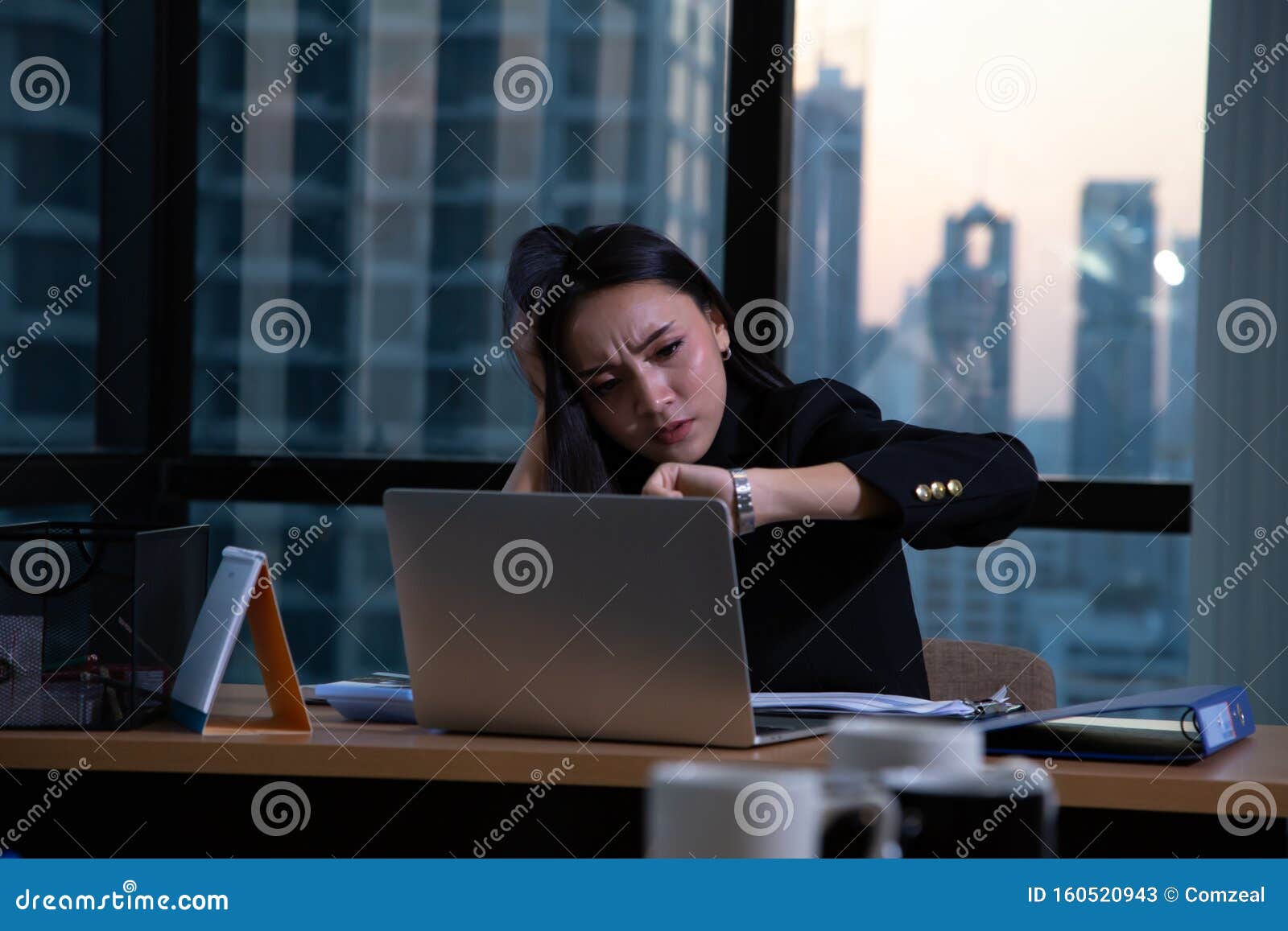 Business Woman Tired Office Worker Sitting at Desk Using Computer and ...