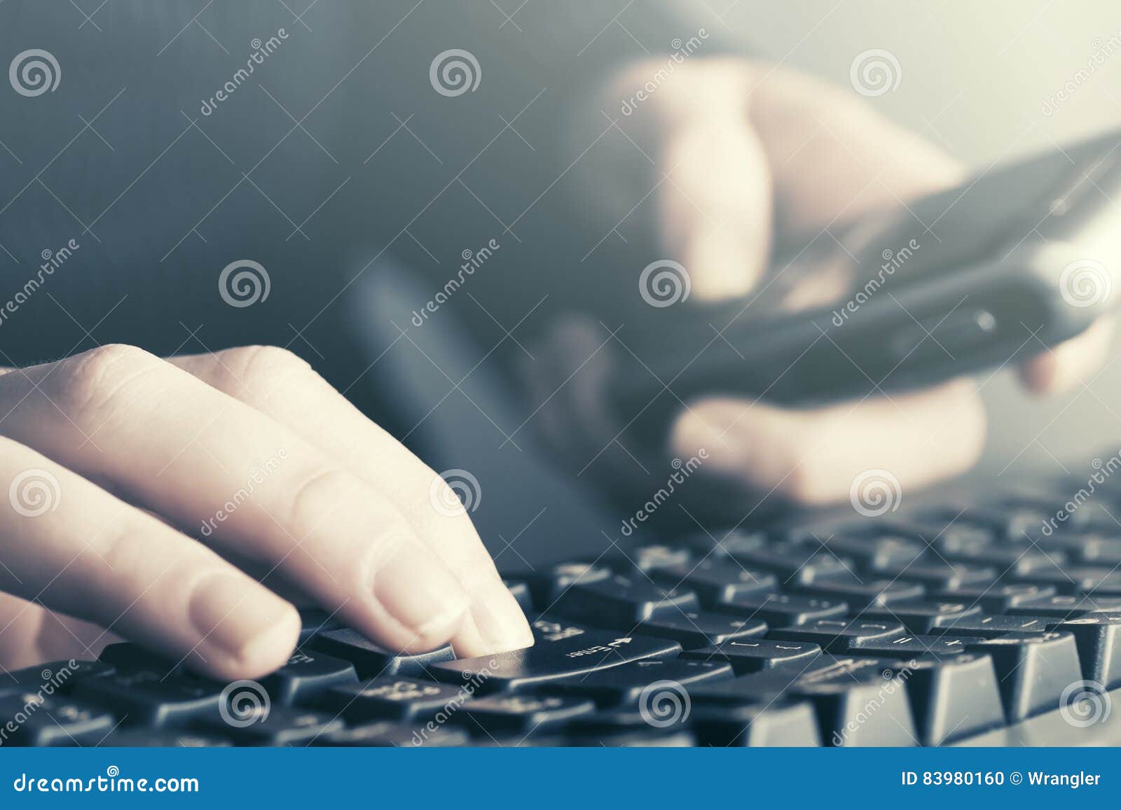 Business Woman Using Computer Keyboard and Calling on Phone Stock Photo ...
