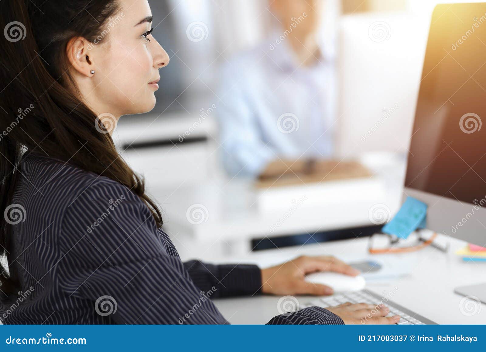 Business Woman Using Computer at Workplace in Sunny Office. Working for ...