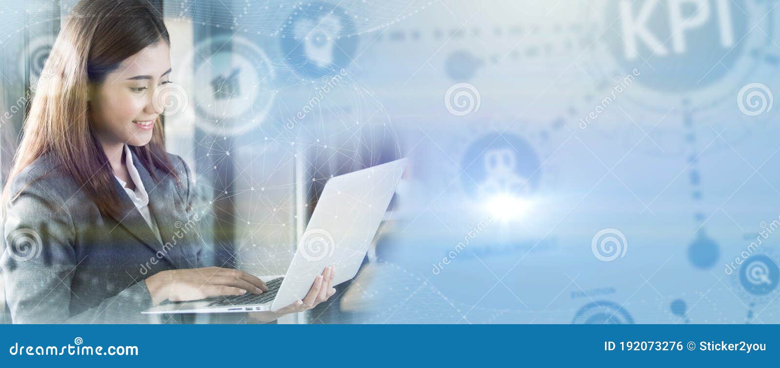 Business Woman Using a Computor with KPI Graphic Background Stock Photo ...