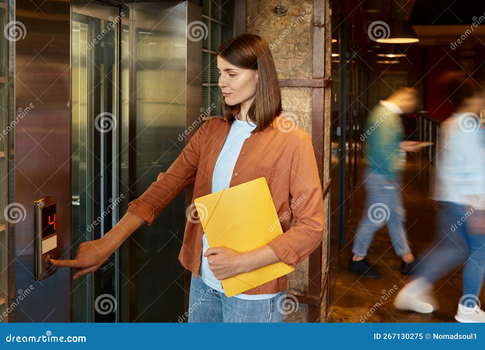Business Woman Using Elevator in Hall of Coworking Office Stock Image ...