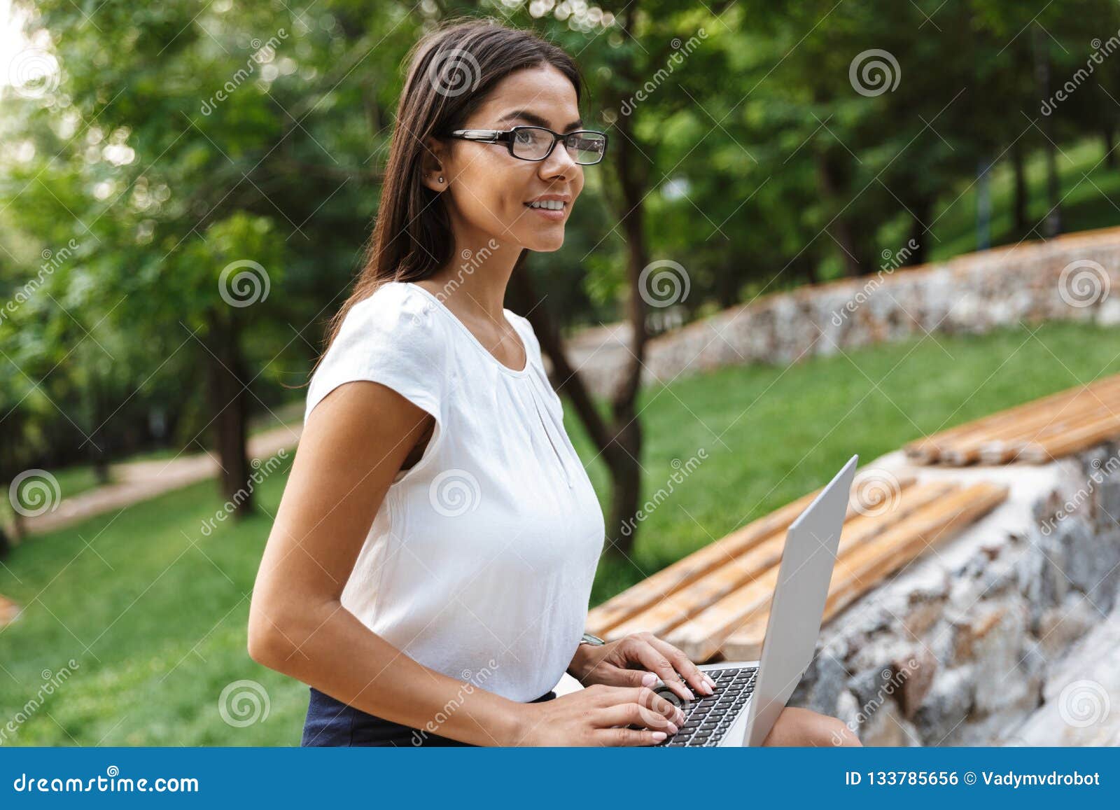 Business Woman Using Laptop Computer Outdoors Stock Photo - Image of ...