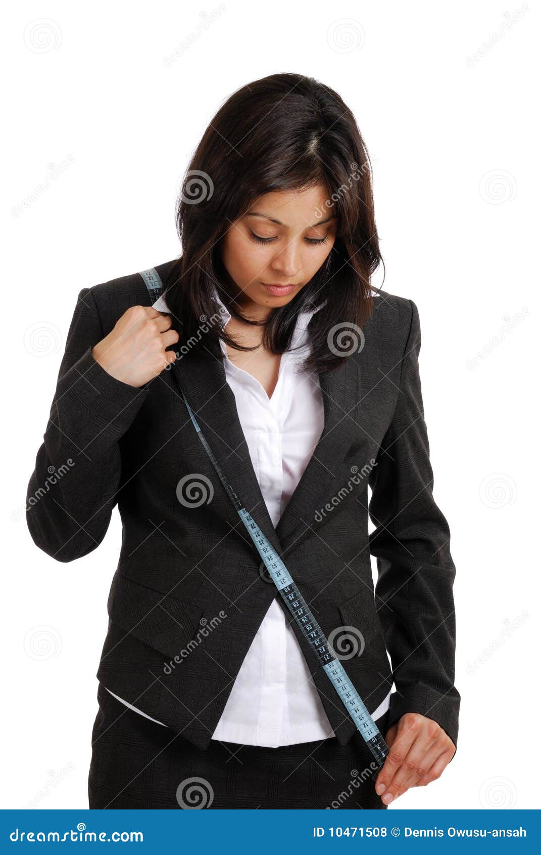 Business Woman Using a Measuring Tape Looking Down Stock Photo - Image ...