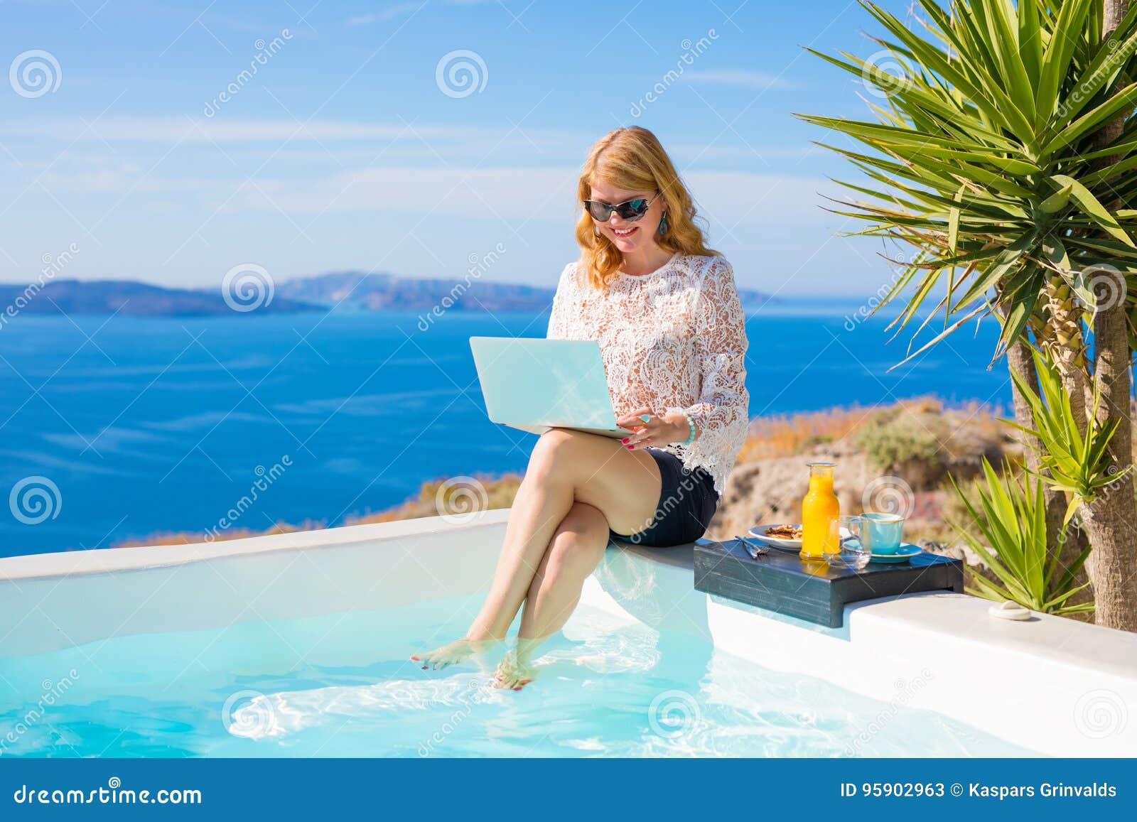 Business Woman on Vacation Working on Laptop Stock Image - Image of ...