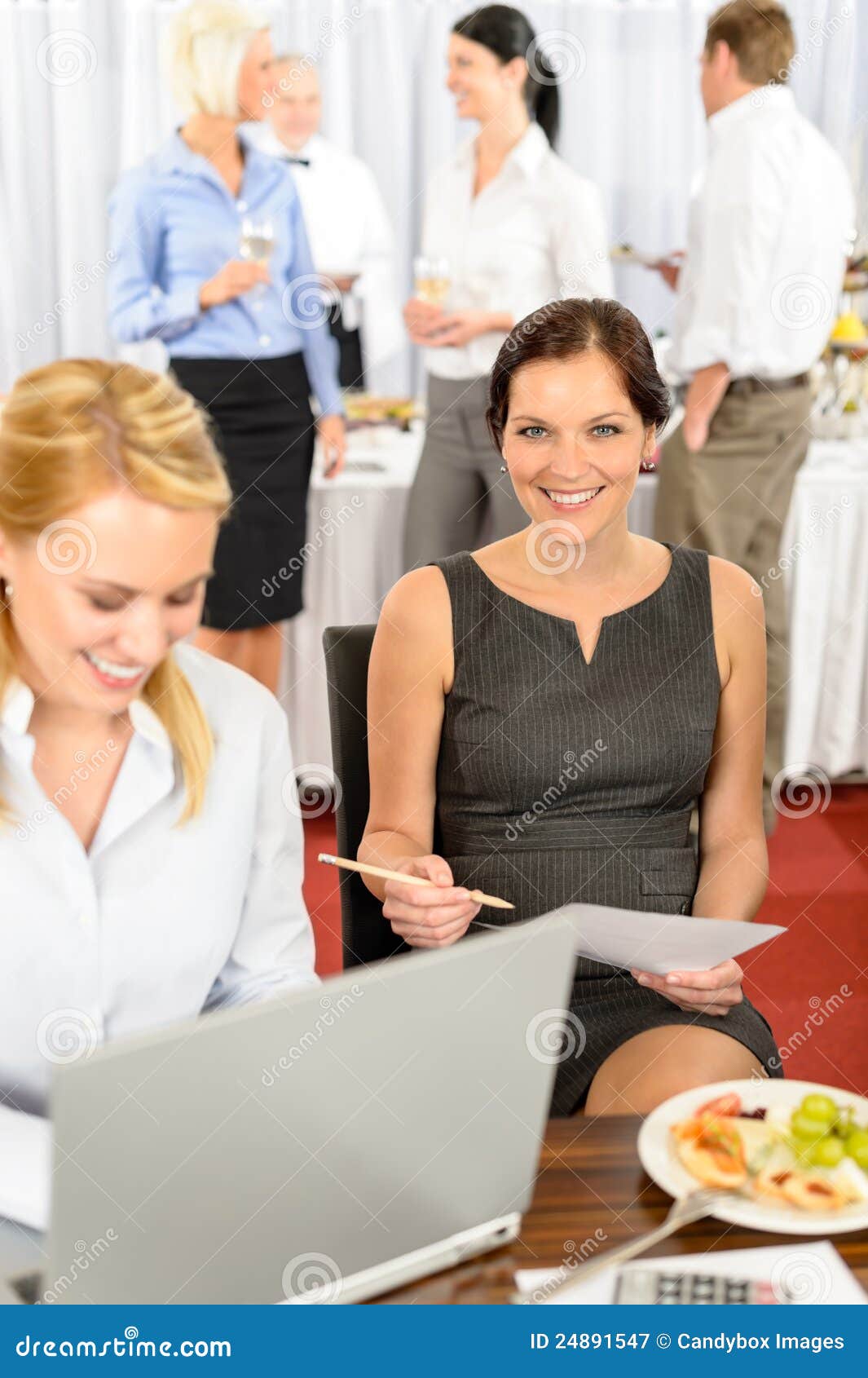 Business Woman Work during Company Buffet Stock Image - Image of ...
