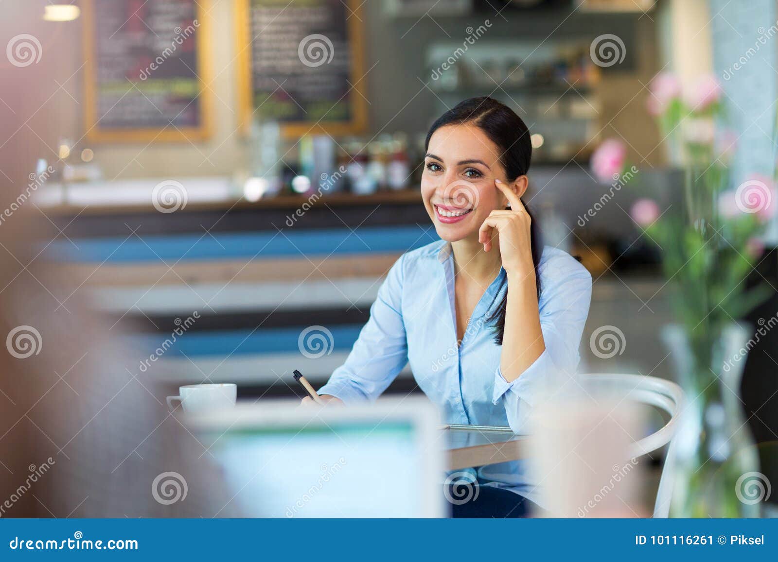 Business Woman Working at Cafe Stock Image - Image of beautiful, adult ...