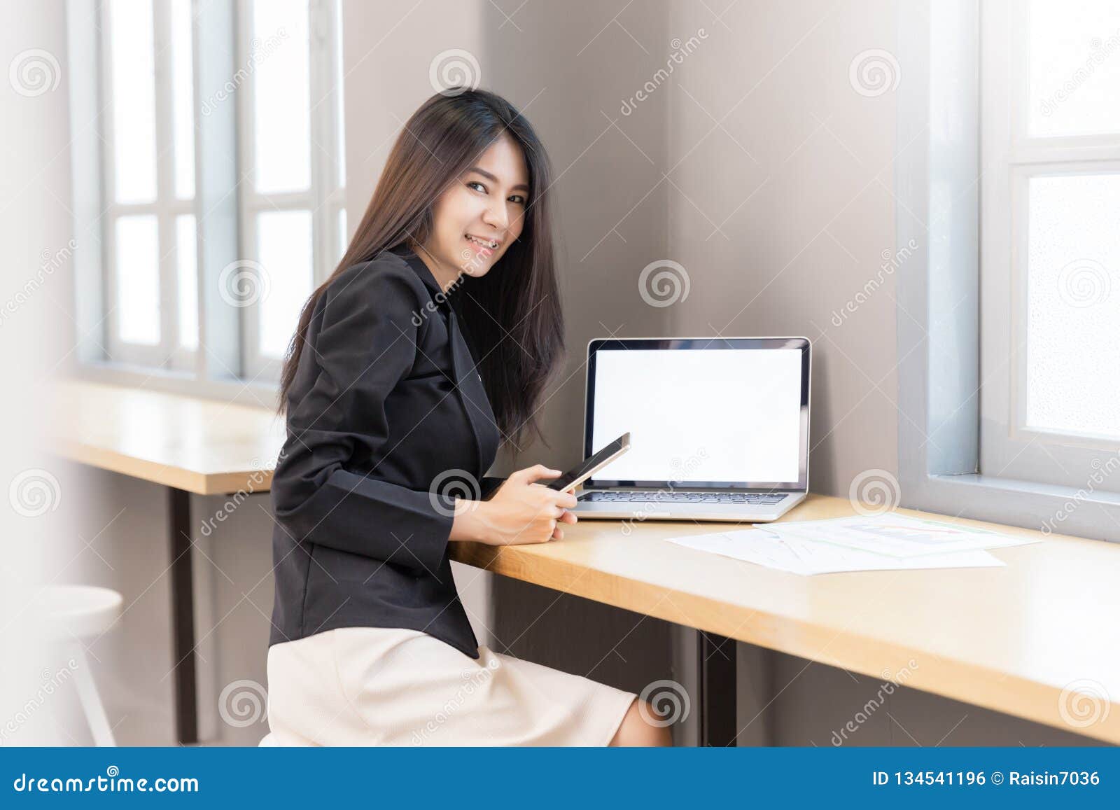 Business Woman Working with Smart Phone and Computer Laptop for ...