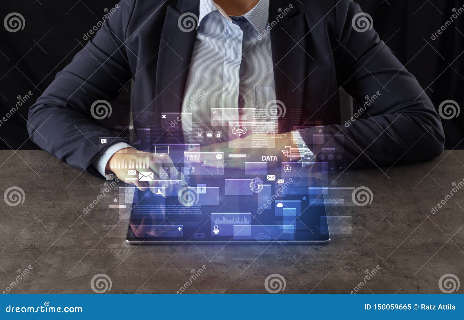 Business Woman Working on Tablet with Global Database Concept Stock ...