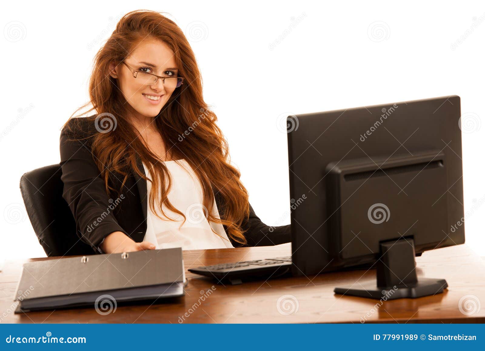 Business Woman Works in the Office Checking Database on Computer Stock ...