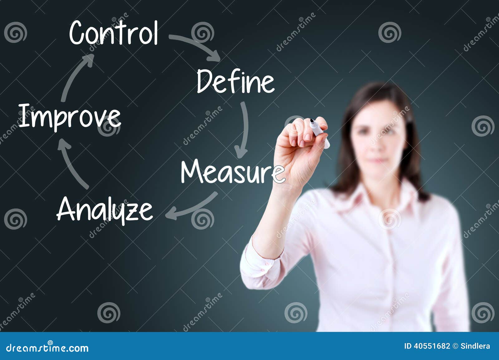 Business Woman Writing Improvement Process Concept. Blue Background ...