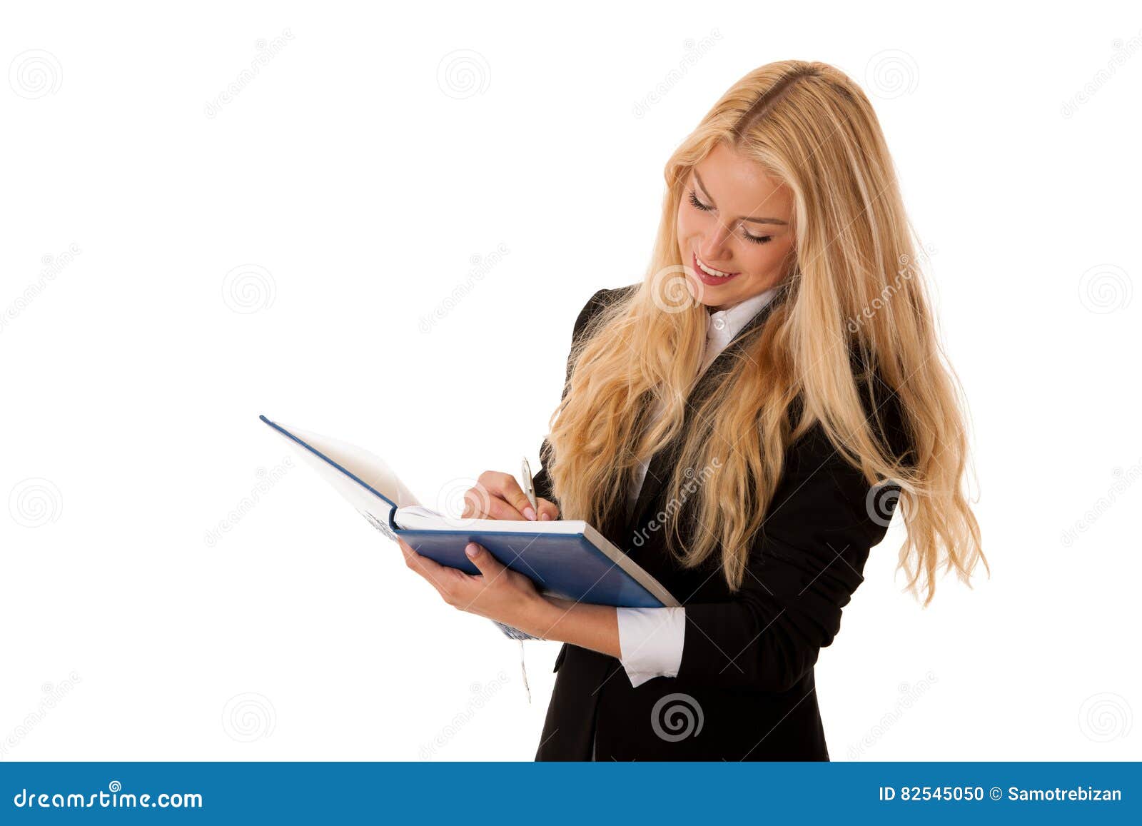 Business Woman Writing Notes in Her Notebook Isolated Over White Stock ...