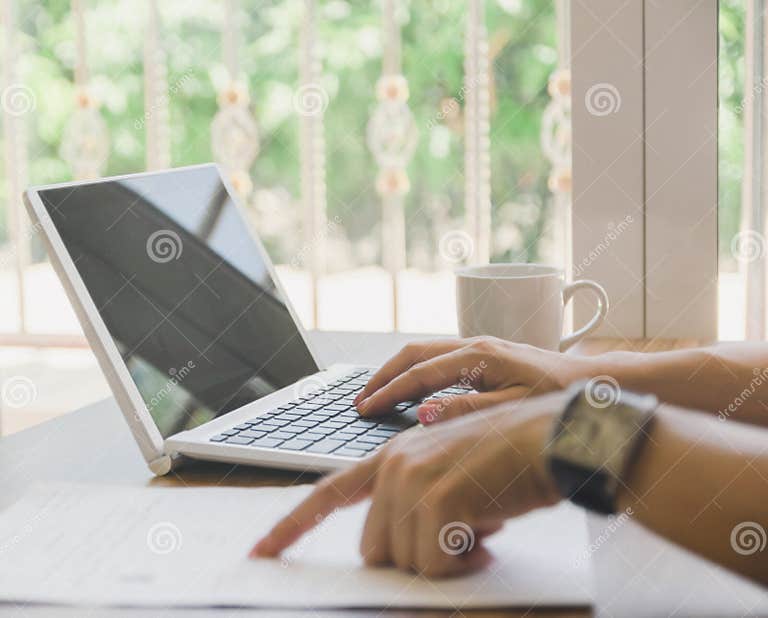 Business Work and Computer Technology the Desk Notebook on Wood Table ...