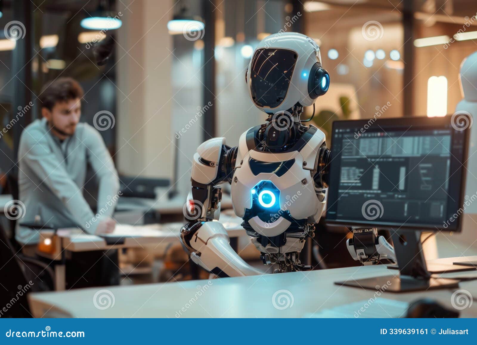 Business Worker and Robot Working Together in Office, Robotic ...