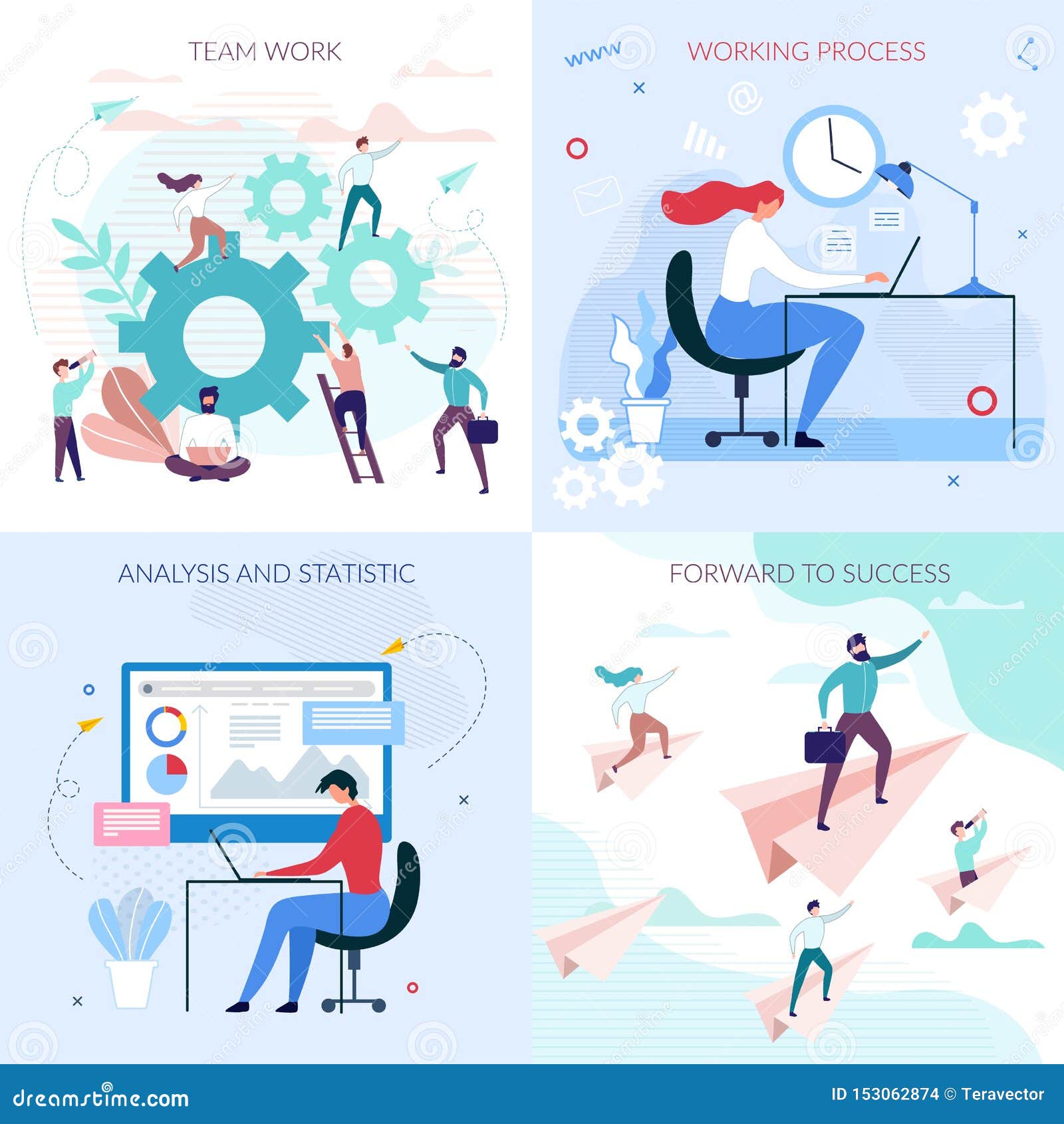 Business Workflow Process Flat Cartoon Cards Set Stock Vector ...