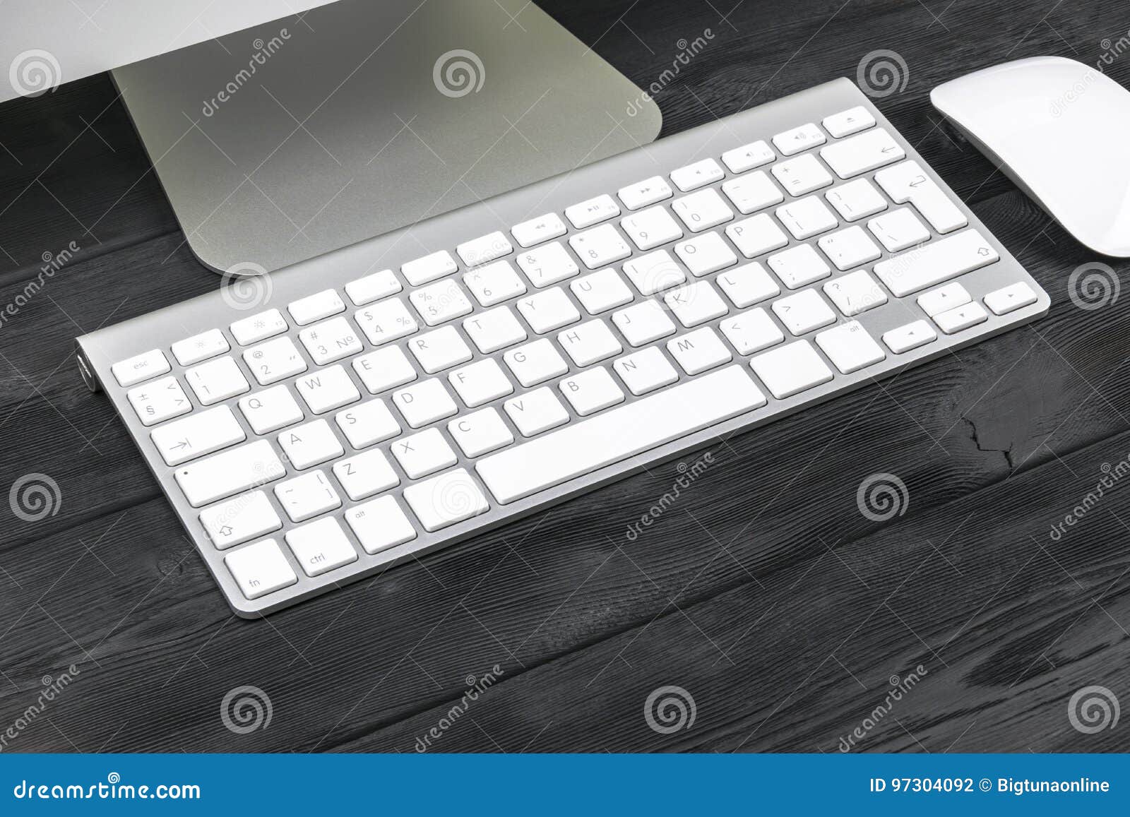 Business Workplace with Computer, Wireless Keyboard and Mouse on Black ...