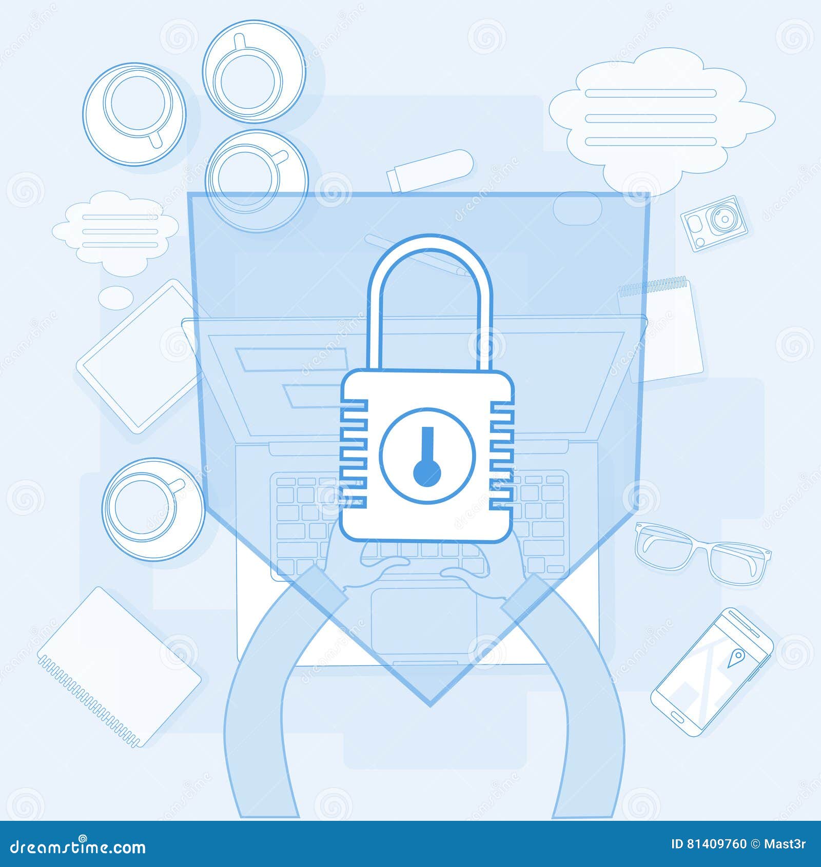 Business Workplace Desk Hands Working Laptop Lock Data Security System ...